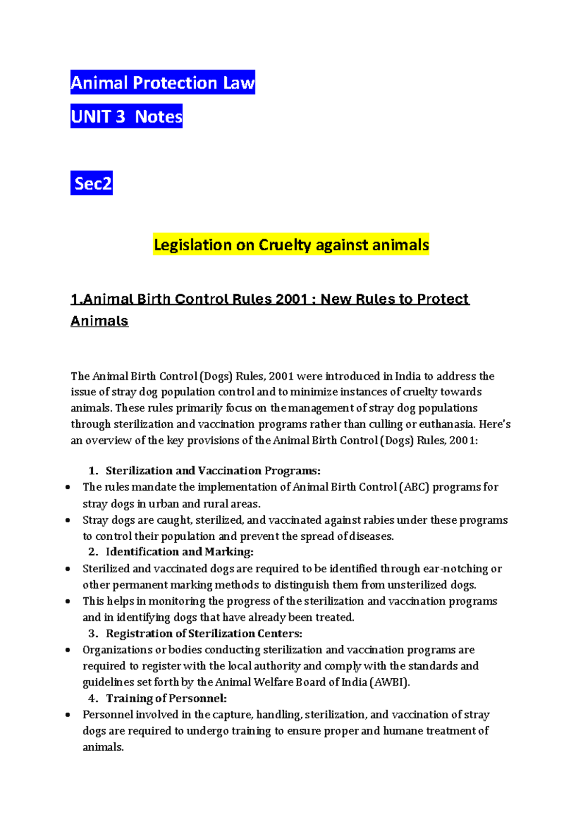 Animal Law unit 3 Sec2 - Subject Notes. - Animal Protection Law UNIT 3 ...