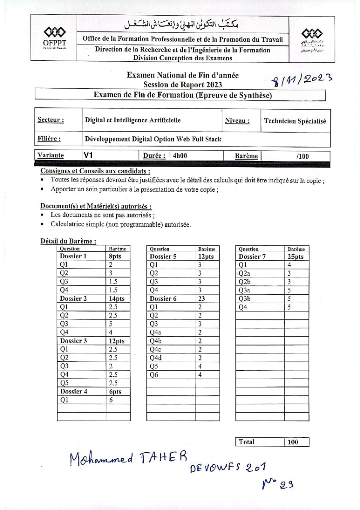 EFF V1 FS-08-11-2023 Taher Mohammed - 3 Office de la Formation ...