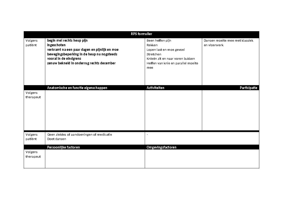 Opdrachten week 1 - RPS formulier Volgens patiënt begin mei rechts heup ...