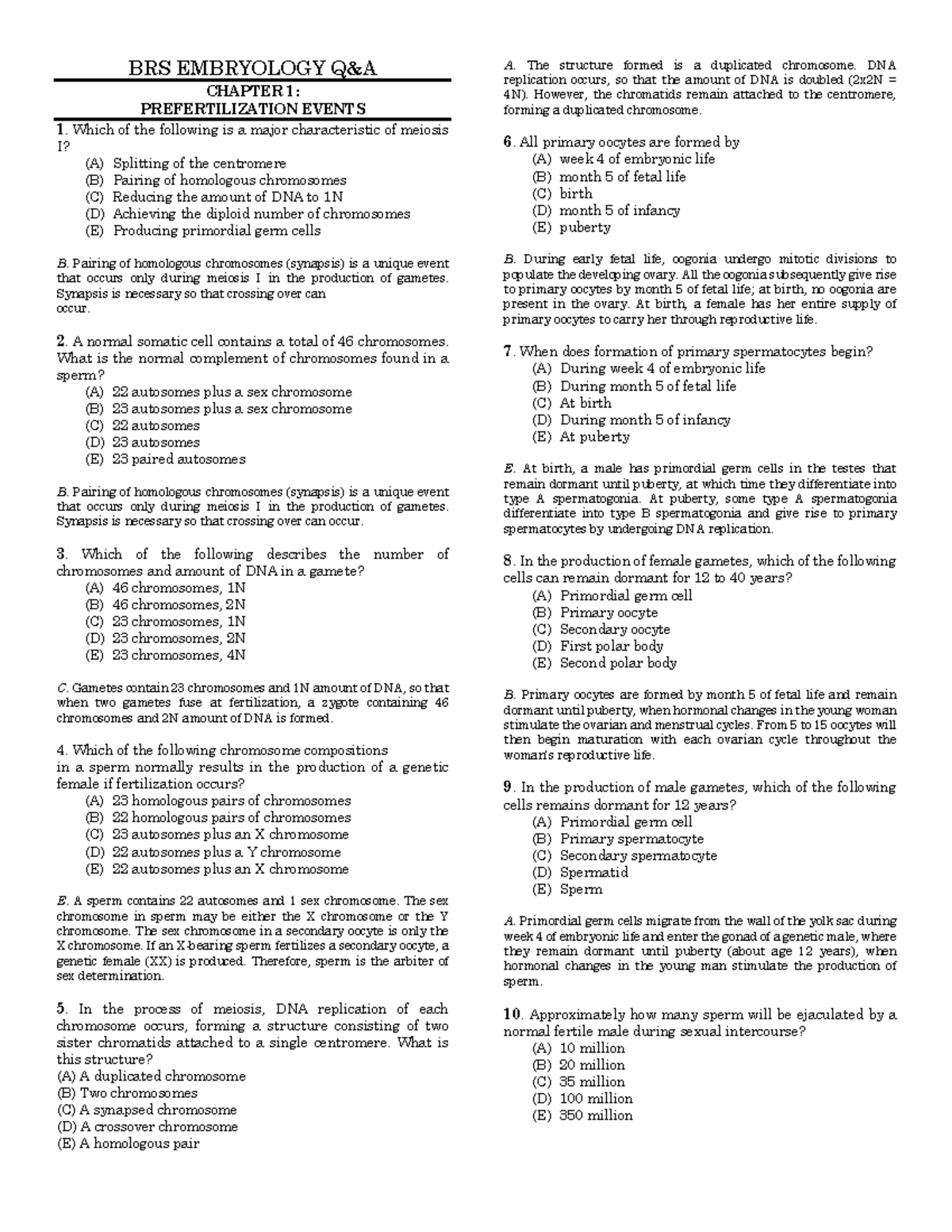 Sample/practice exam 2020, questions and answers - BRS EMBRYOLOGY Q&A ...