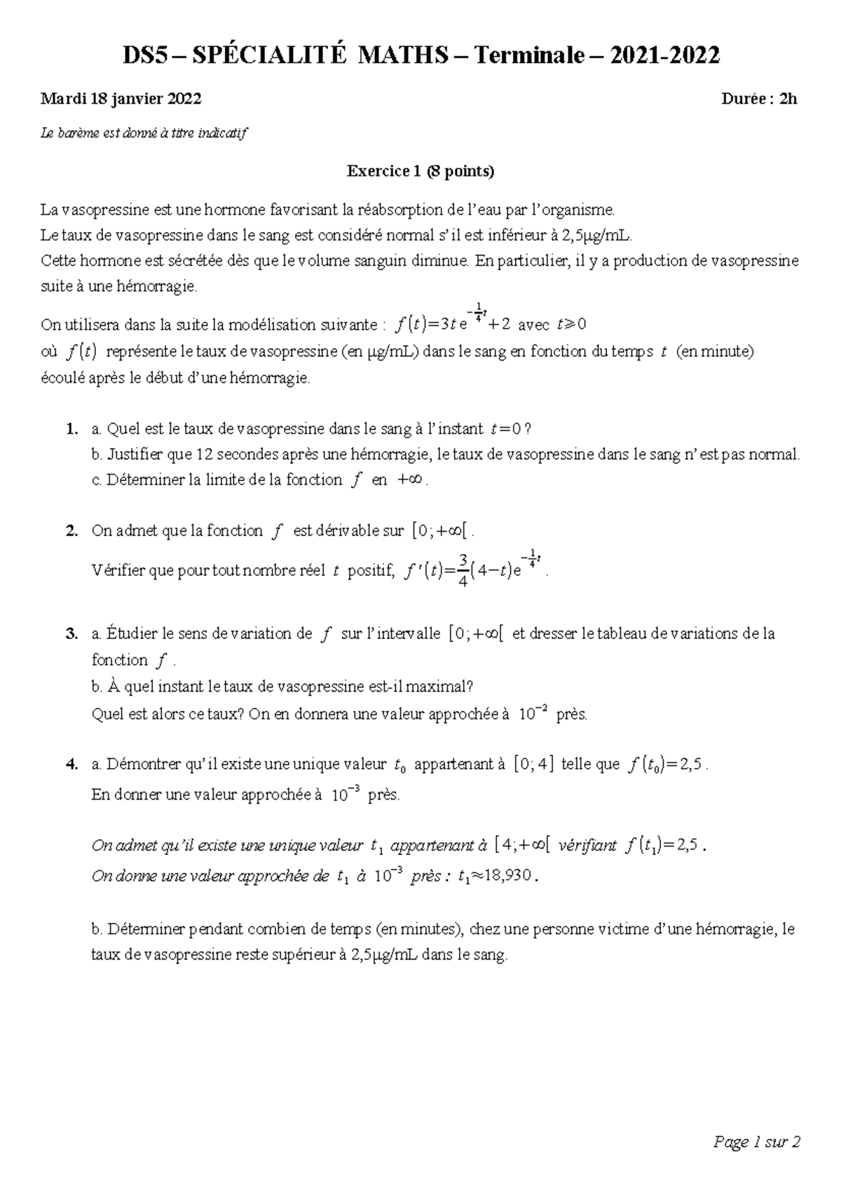 DS5 spé term 2021 2022 sujet - DS5 – SPÉCIALITÉ MATHS – Terminale – 2021- Mardi 18 janvier 2022 ...