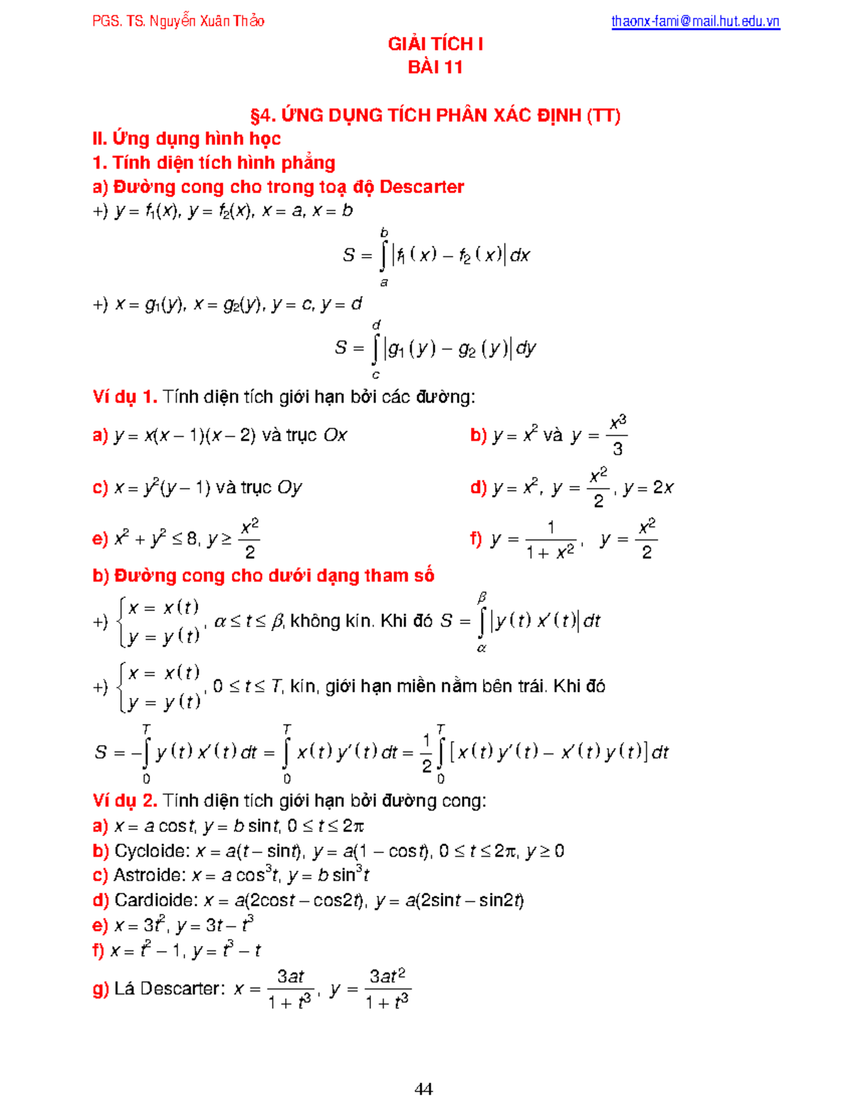Bai 11 GT1-BK - Tích phân - GI I TÍCH I BÀI 11 §4. NG D NG TÍCH PHÂN XÁC NH (TT) II. ng d ng ...