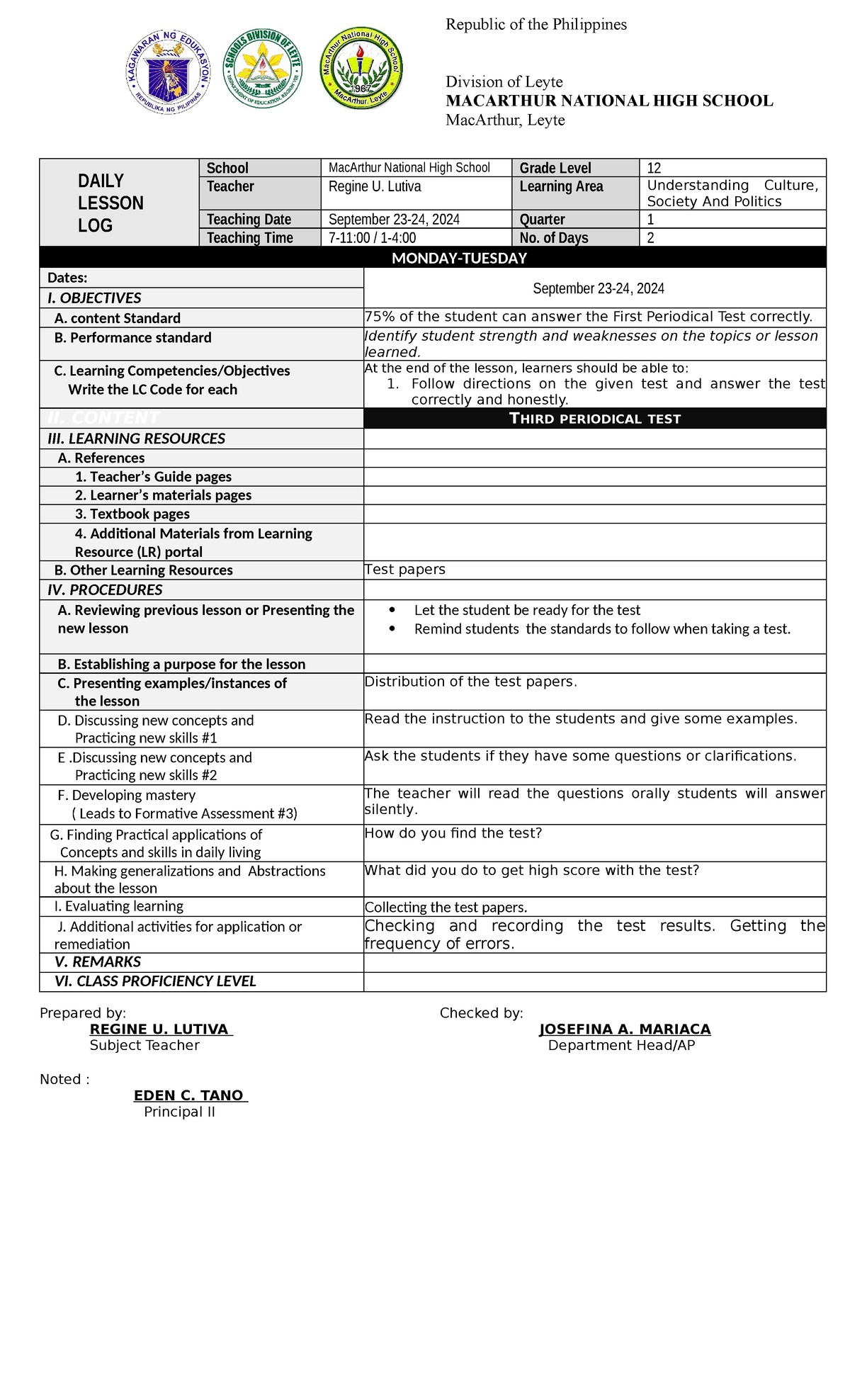 September 18 - Copy - lesson plan - DAILY LESSON LOG School MacArthur ...