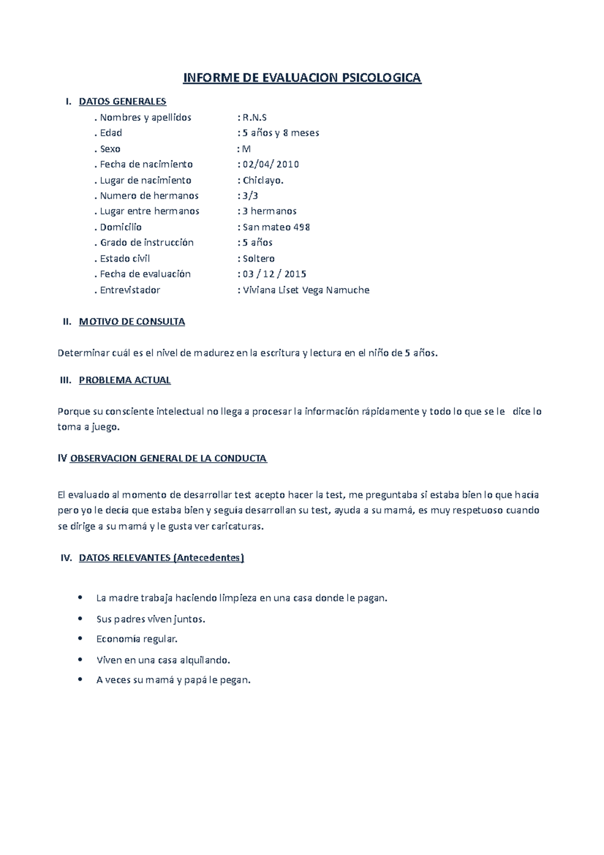 Modelo-informe miss ketty - INFORME DE EVALUACION PSICOLOGICA I. DATOS ...