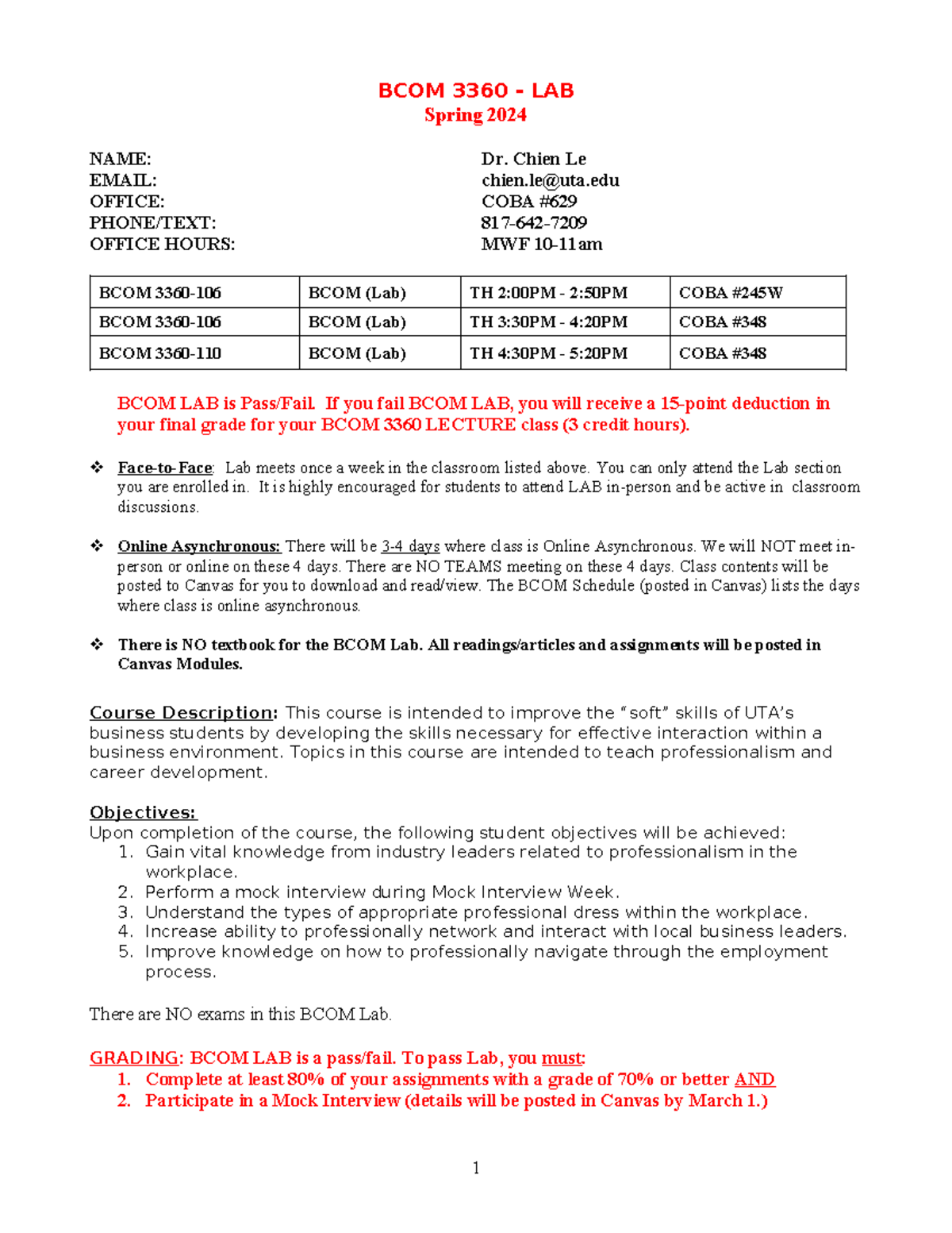 BCOM-3360 - fall - BCOM 3360 - LAB Spring 2024 NAME: Dr. Chien Le EMAIL: chien@uta OFFICE: COBA ...