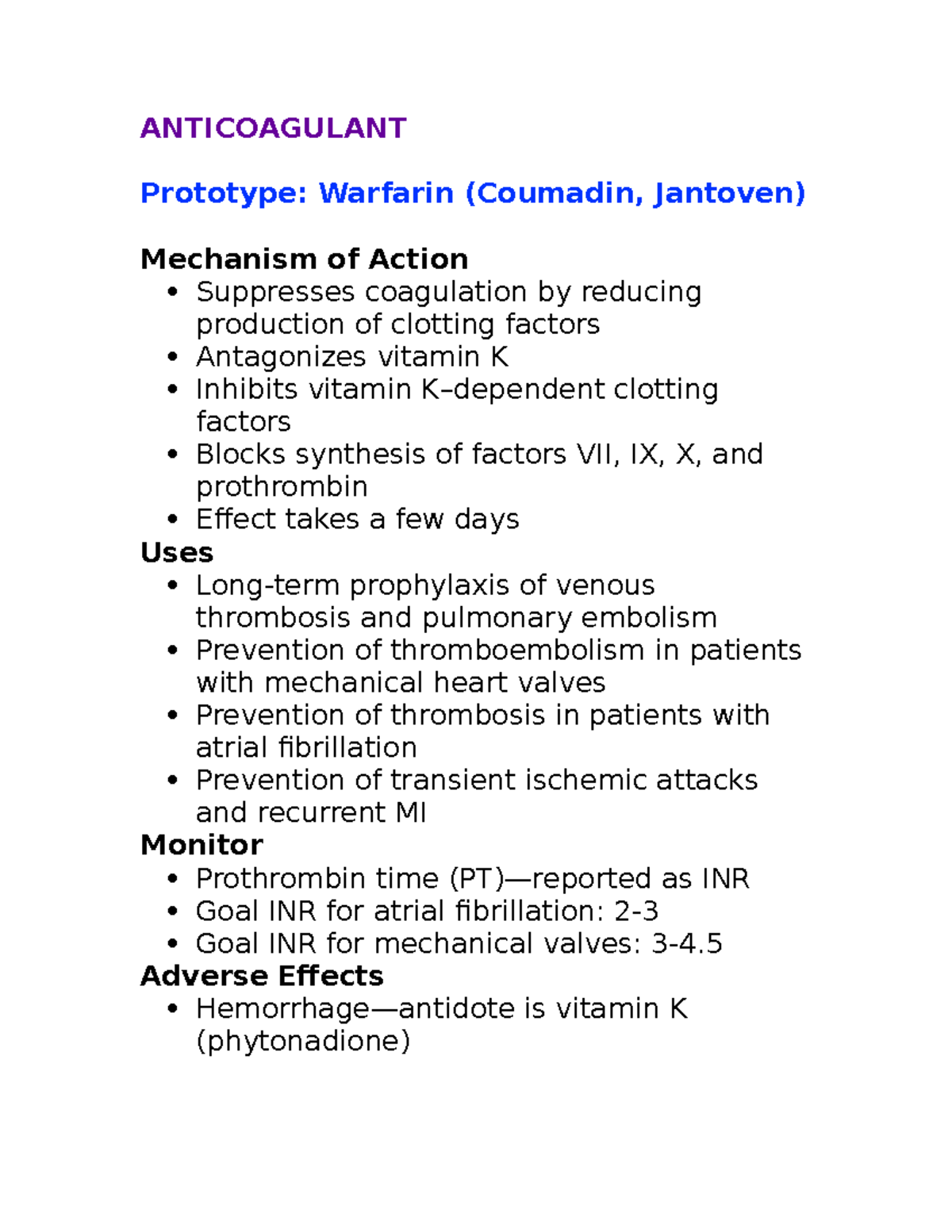 Anticoag - Summary Pathopharmacology - ANTICOAGULANT Prototype ...