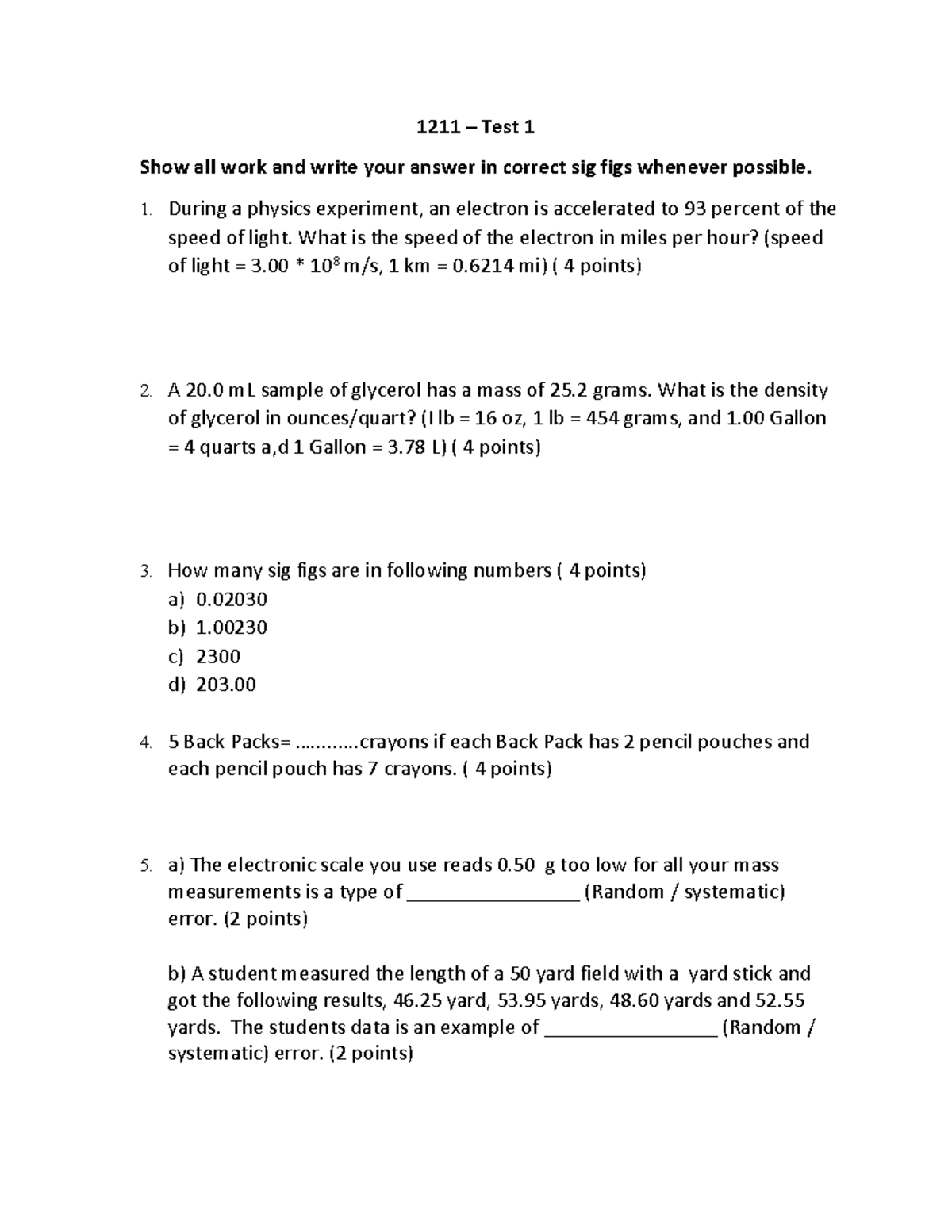 1211Test 1 - This is exam1 pre questions - 1211 – Test 1 Show all work ...