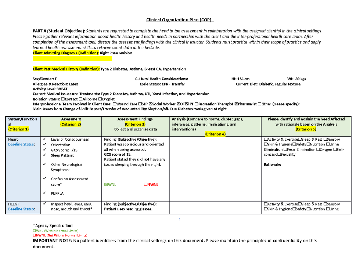 COP Week 5 - weekly care plan - Clinical Organization Plan (COP) PART A ...