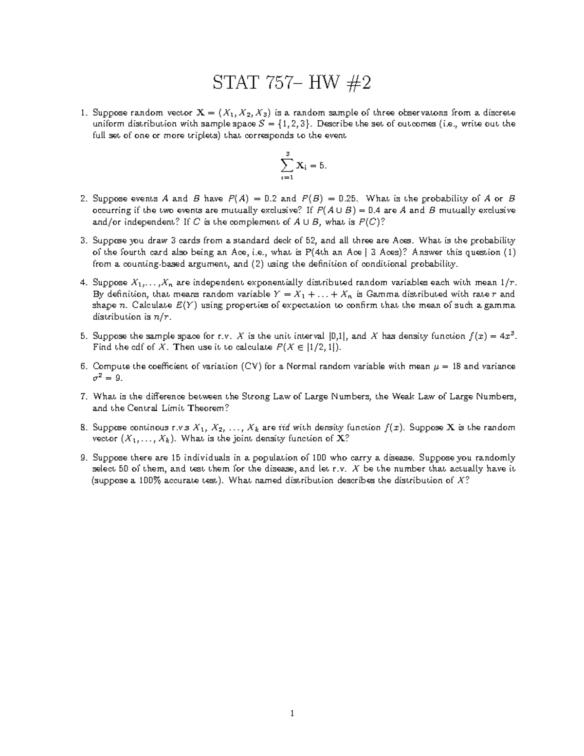 Homework 02 Questions - STAT HW 1. Suppose random vector X (X1 , X2 ...