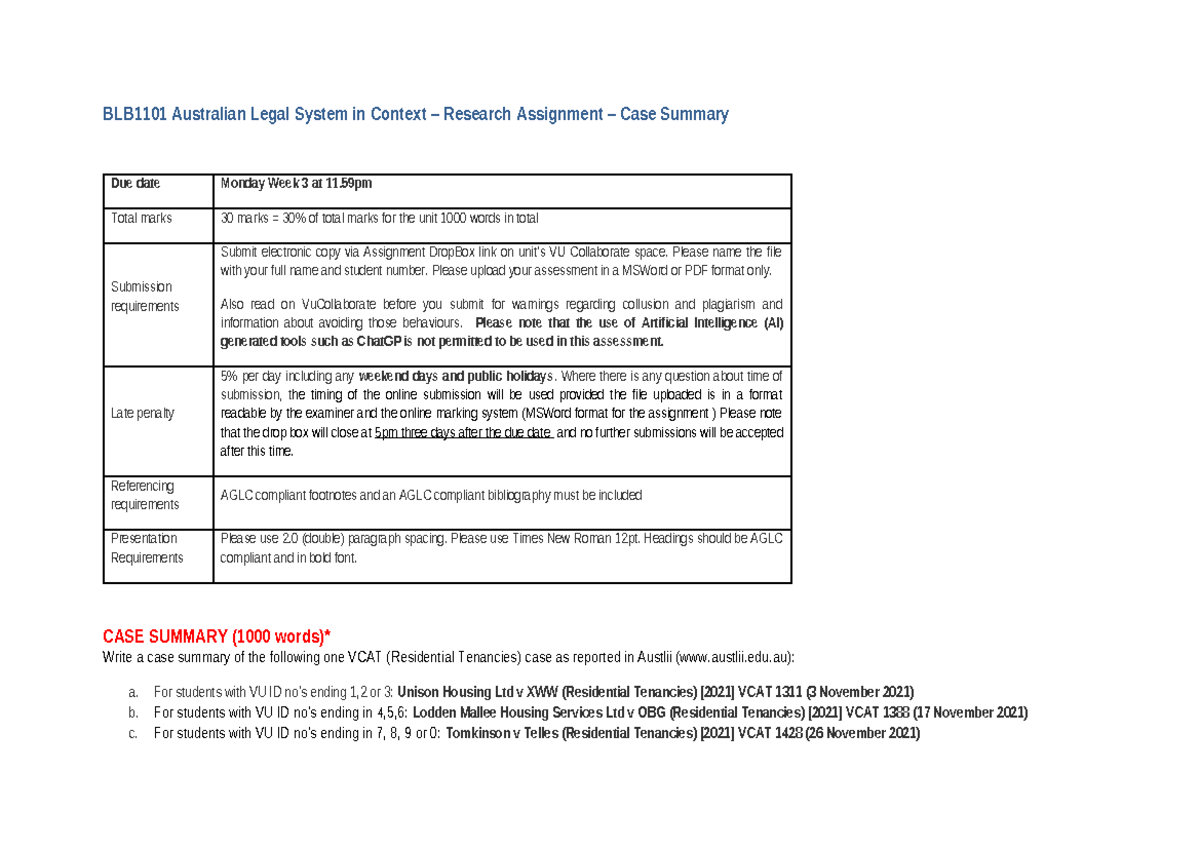 Assessment 2 VCAT Assignment Question 3 - BLB1101 Australian Legal ...