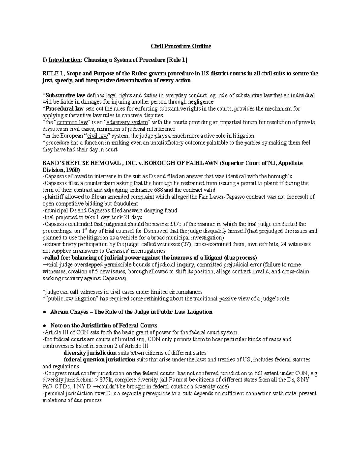 Civil Procedure Law Outline 2 - Civil Procedure Outline I) Introduction ...