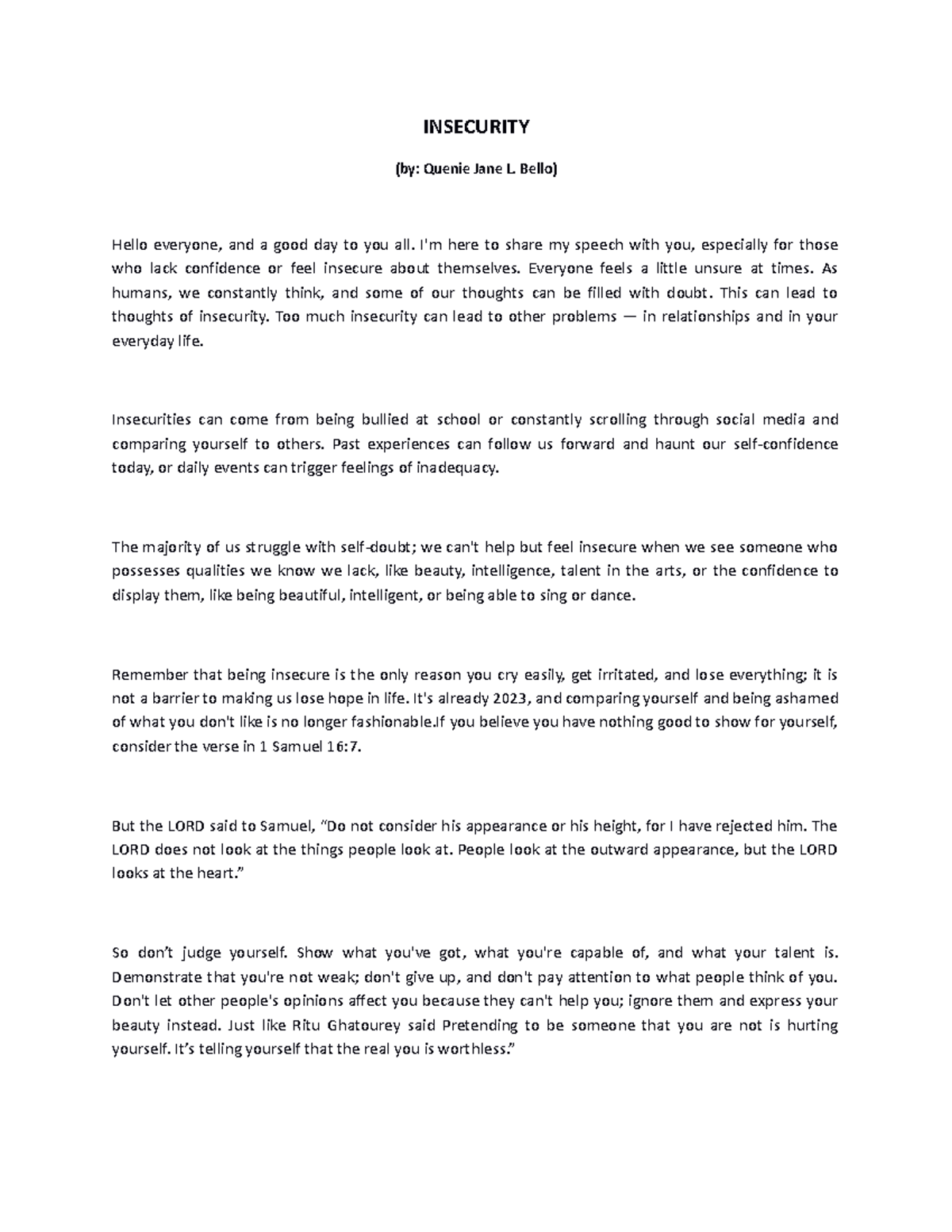 Insecurity-WPS Office - INSECURITY (by: Quenie Jane L. Bello) Hello ...