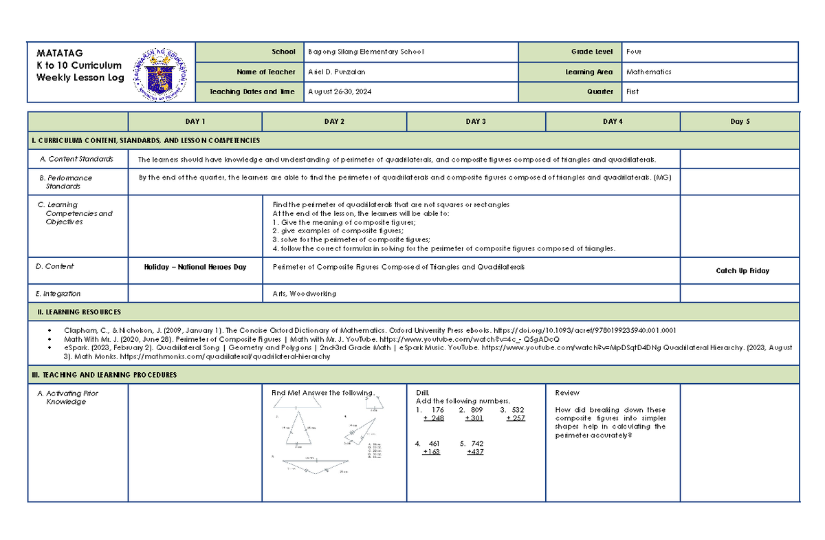 MATH4 Q1 W5 DLL - mathematics 4 lesson log - MATATAG K to 10 Curriculum ...