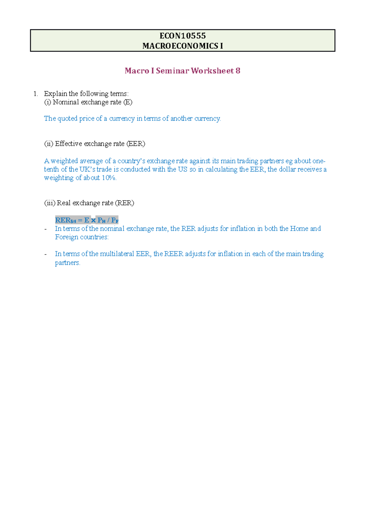 Macro Worksheet 8 + Answers - ECON MACROECONOMICS I Macro I Seminar ...