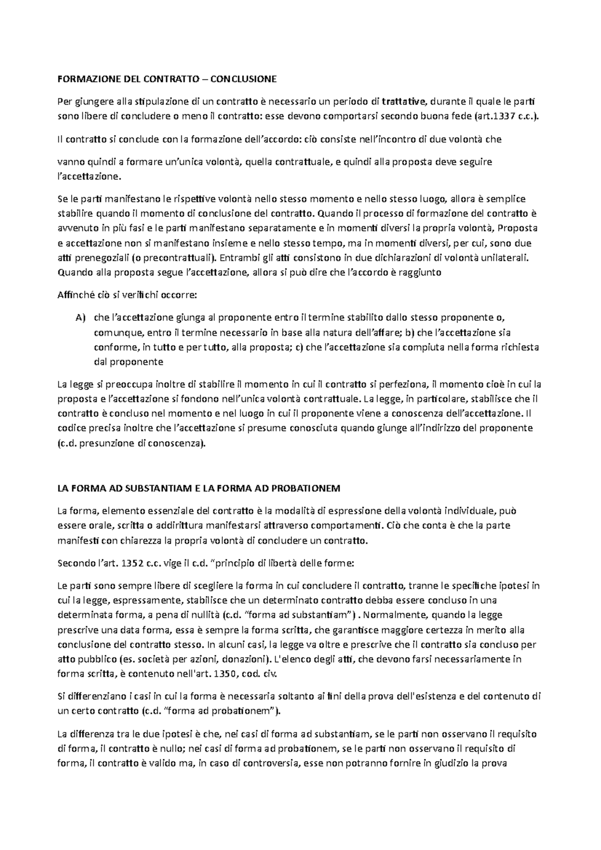 Privato - appunti - FORMAZIONE DEL CONTRATTO – CONCLUSIONE Per giungere ...