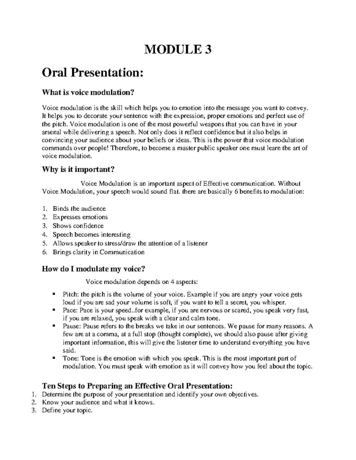 Notes PC- MOd 3 - It is a short note - MODULE 3 Oral Presentation: What ...