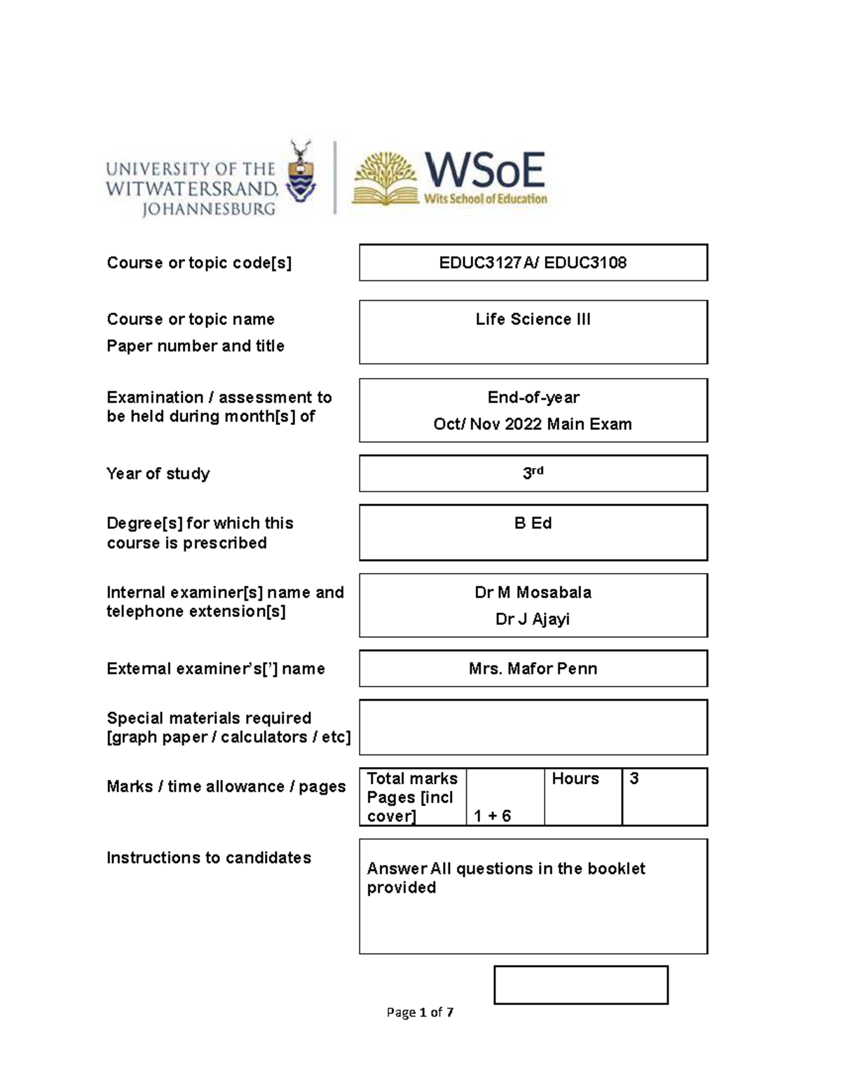 EDUC3127A November 2022 Main Exam - Course or topic code[s] EDUC3127A ...