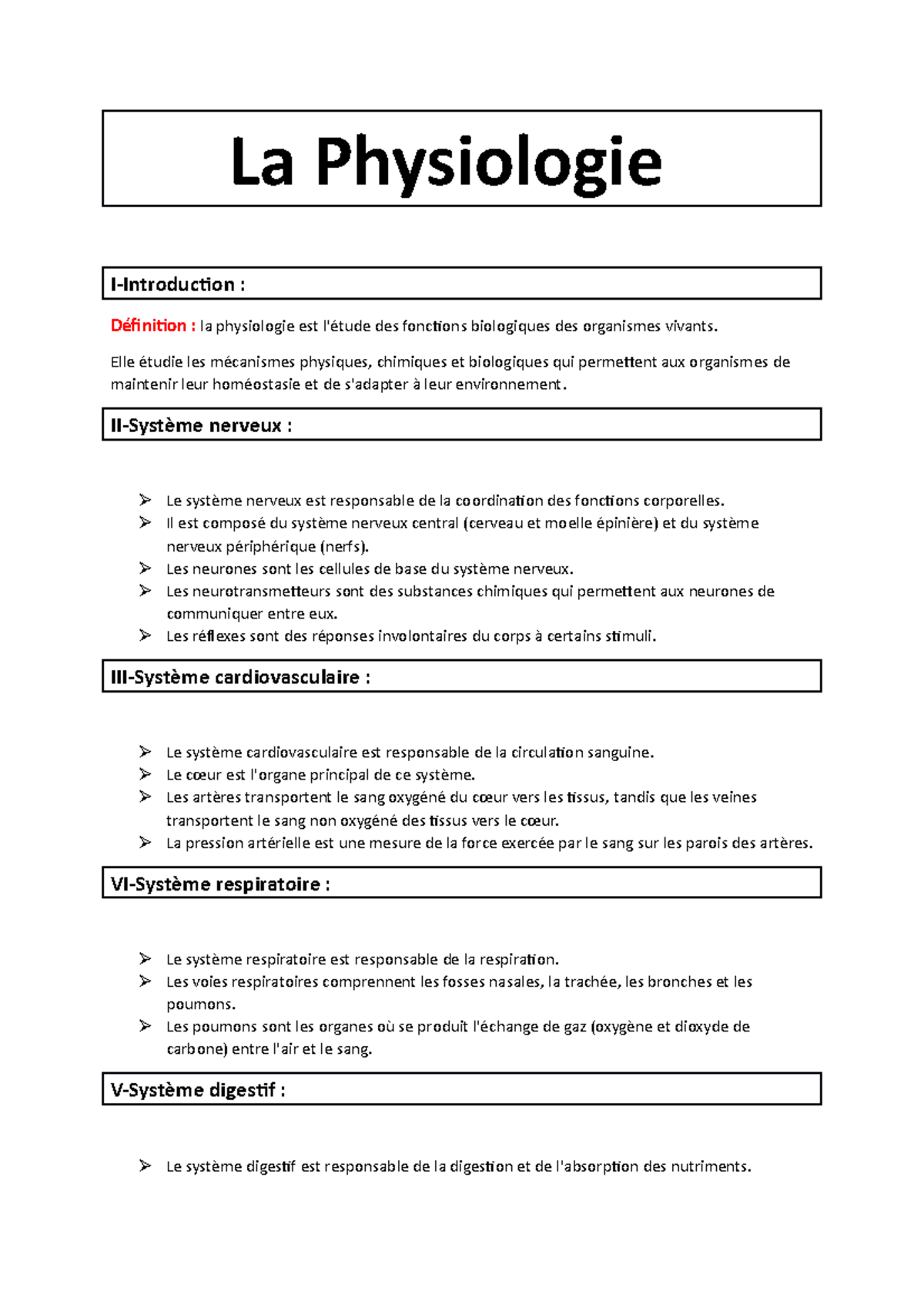 La Physiologie - La Physiologie I-Introduction : Définition : la physiologie est l'étude des ...