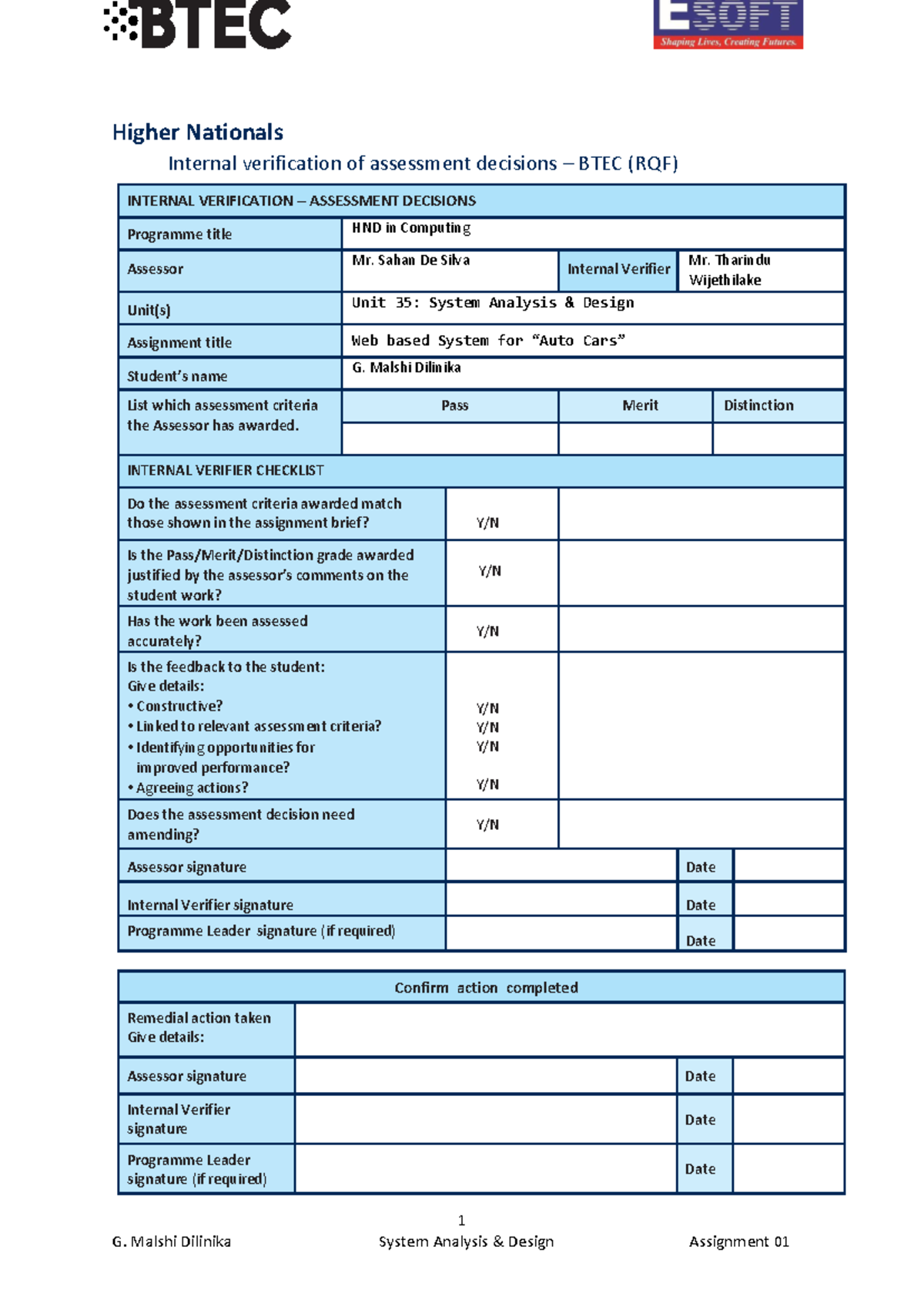 SAD assignment Mark-up - 1 Higher Nationals Internal verification of ...