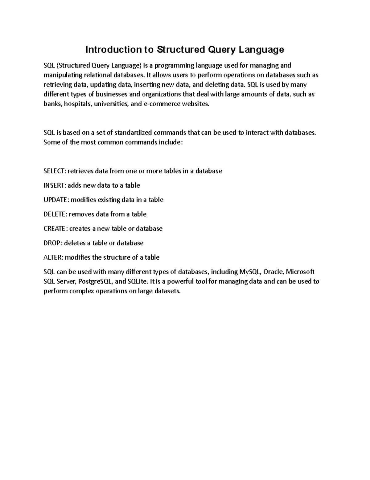 Introduction To Structured Query Language It Allows Users To Perform Operations On Databases