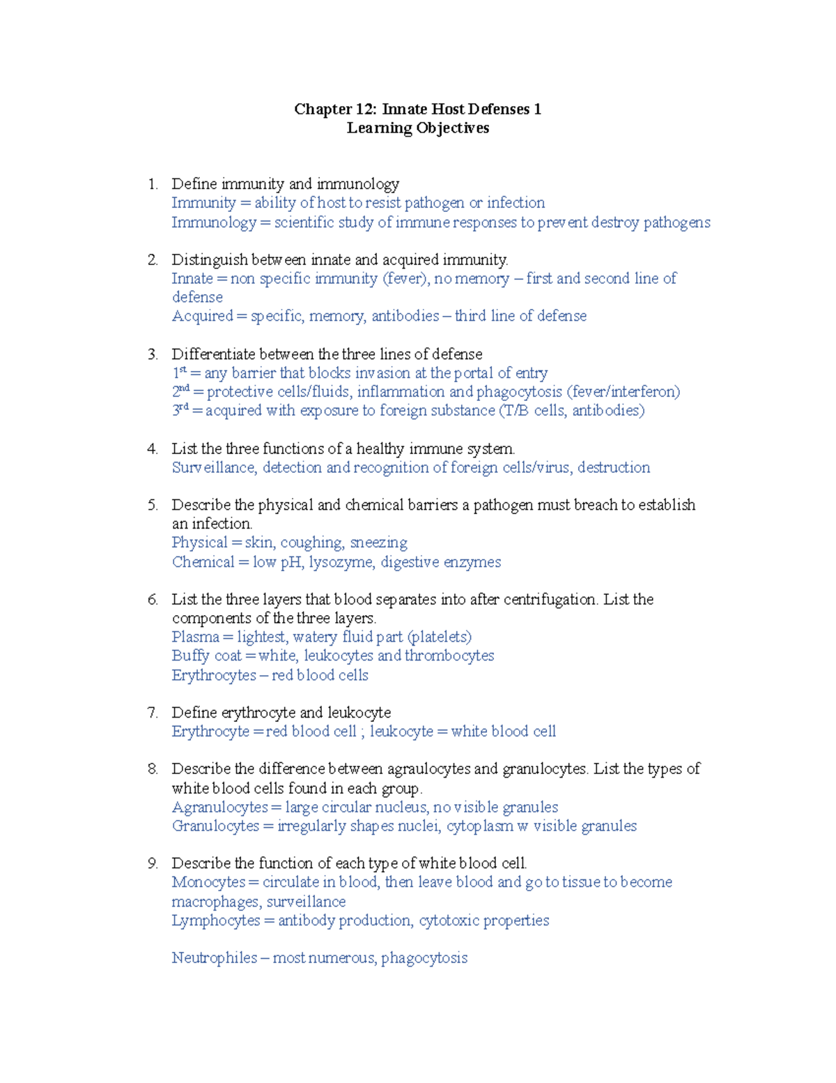 Chapter 12 LOs - Chapter 12: Innate Host Defenses 1 Learning Objectives ...