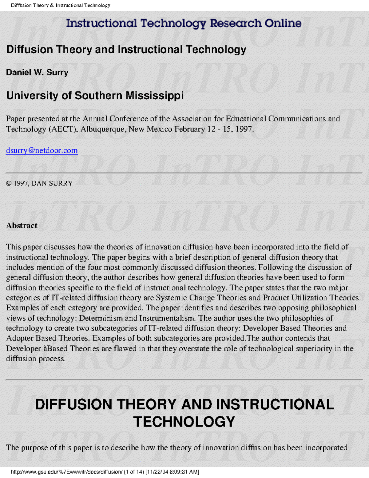 Surry 1997 Diffusion Theory Instr Tech - Diffusion Theory and Instructional Technology Daniel W ...