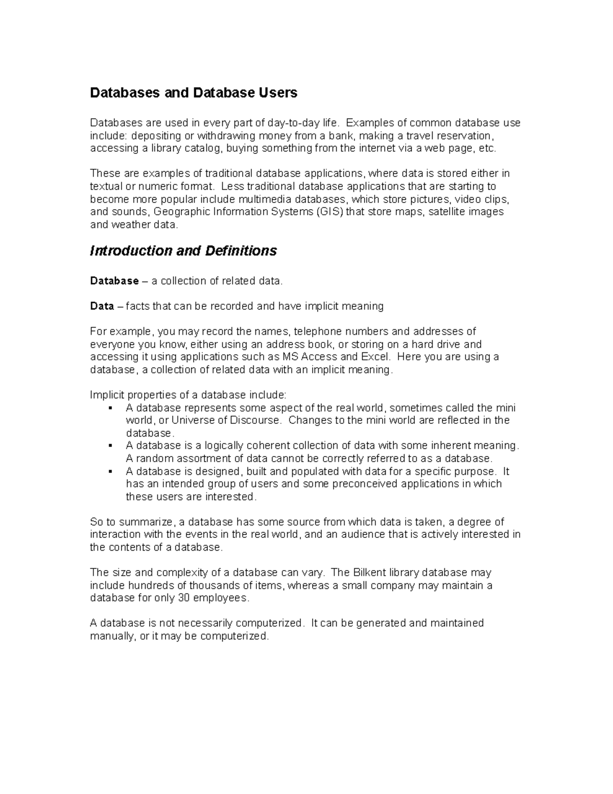 Chapter 1Notes - assignment - Databases and Database Users Databases ...