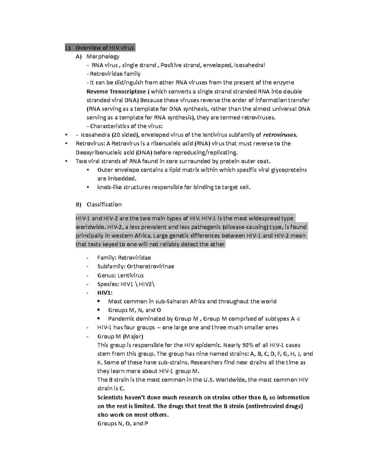 POD1 PBL Case 4 copy - Summry - Overview of HIV virus A) Morphology - RNA virus , single strand ...