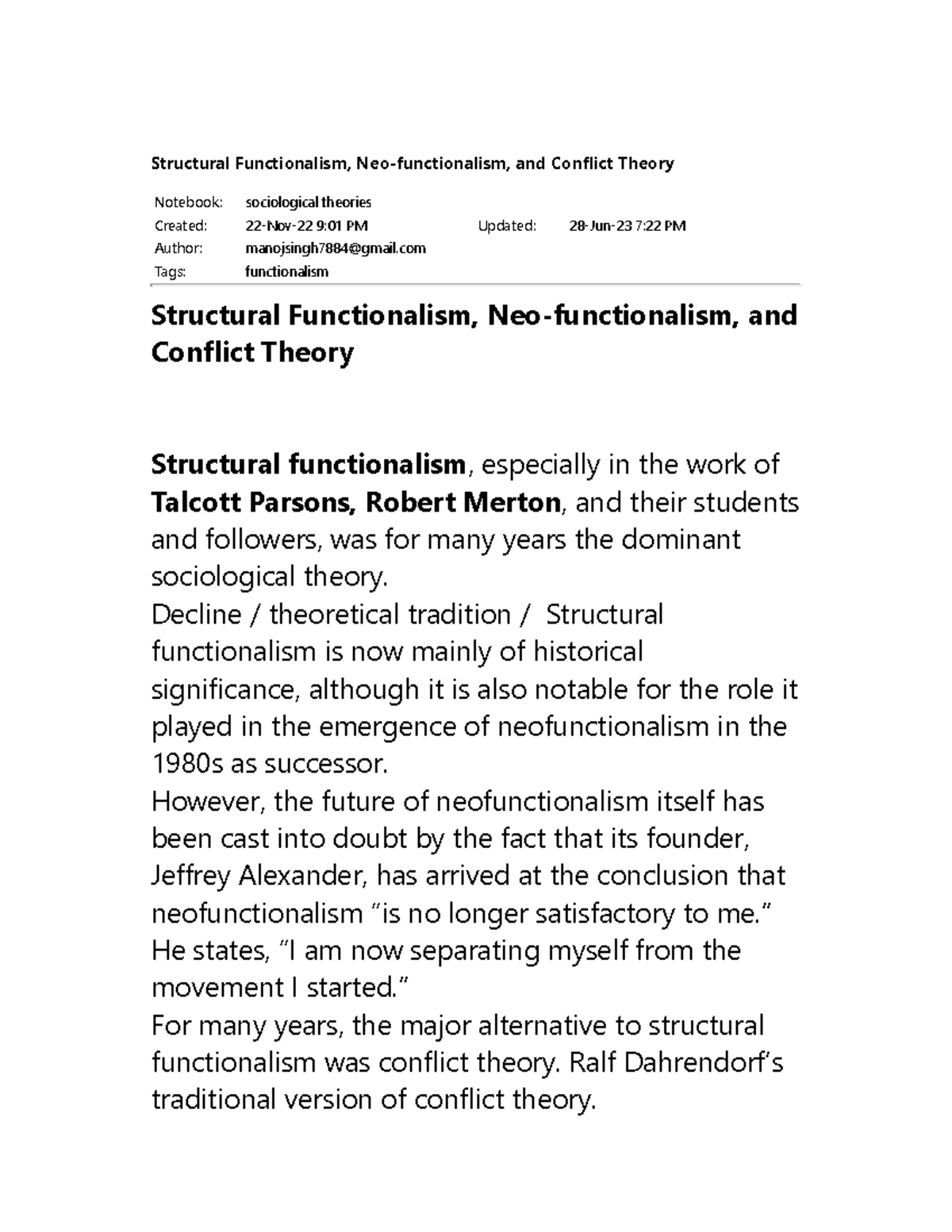 Structural Functionalism - Notebook: sociological theories Created: 22 ...