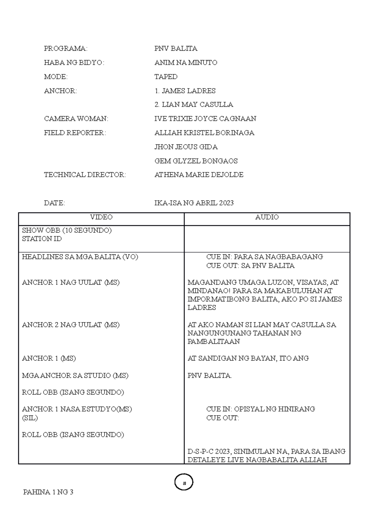 Anchor Script - informative - PROGRAMA: PNV BALITA HABA NG BIDYO: ANIM ...