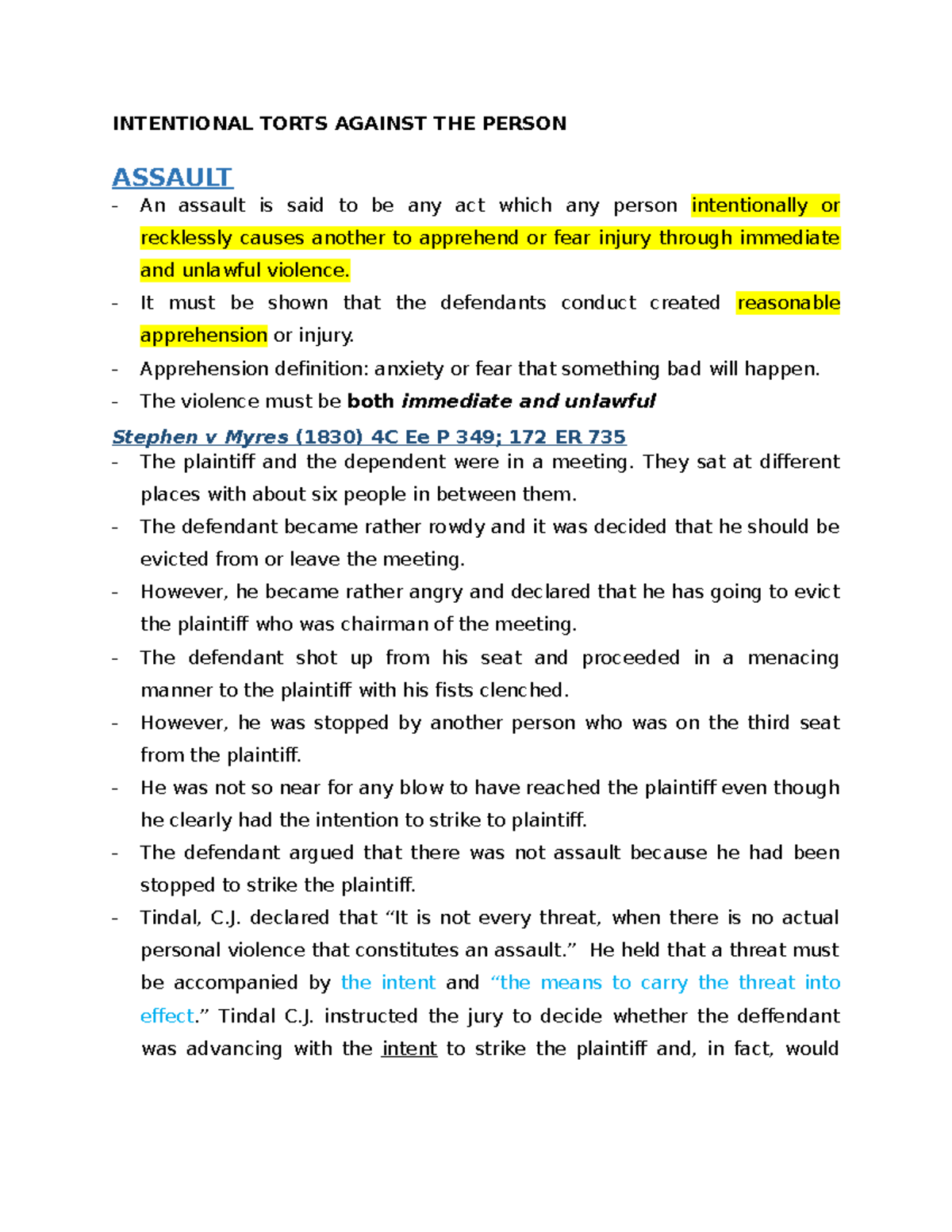 Intentional Torts Against the Person - Law - Studocu