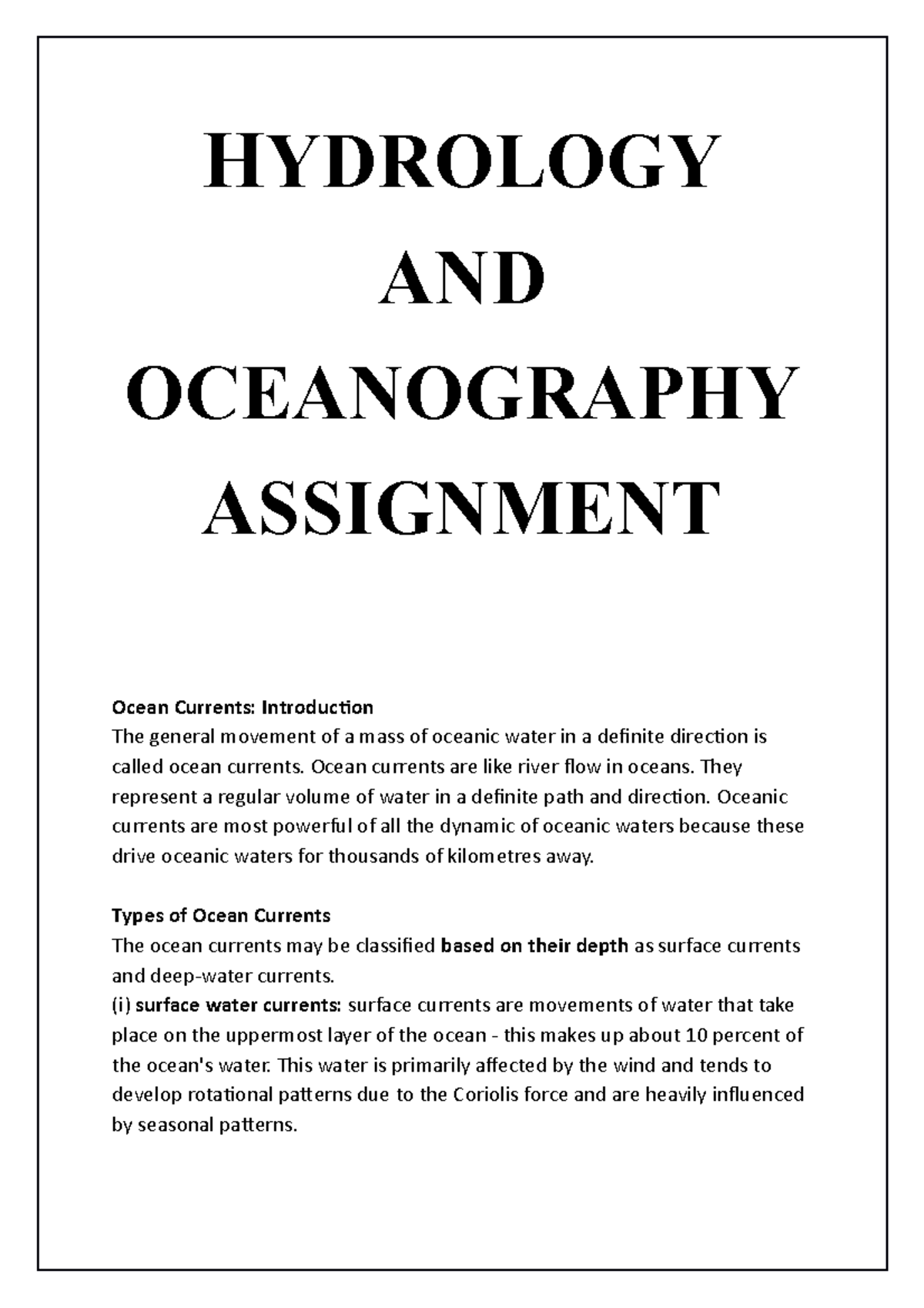 Hydrology and Oceanography - HYDROLOGY AND OCEANOGRAPHY ASSIGNMENT ...