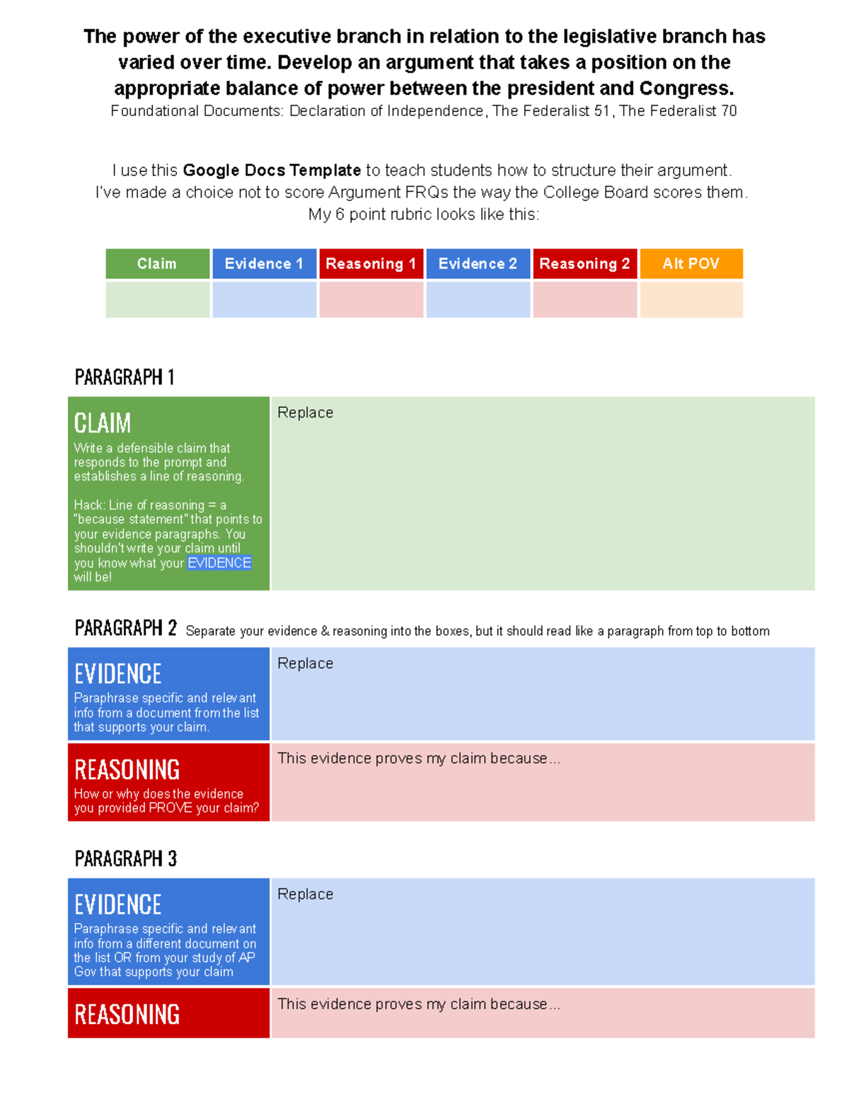 Argument FRQ Template (2021) - The power of the executive branch in ...