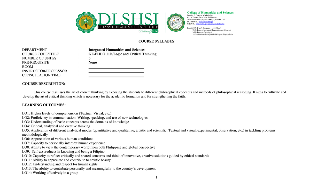 Ge-philo 110-logic and critical thinking - COURSE SYLLABUS DEPARTMENT ...