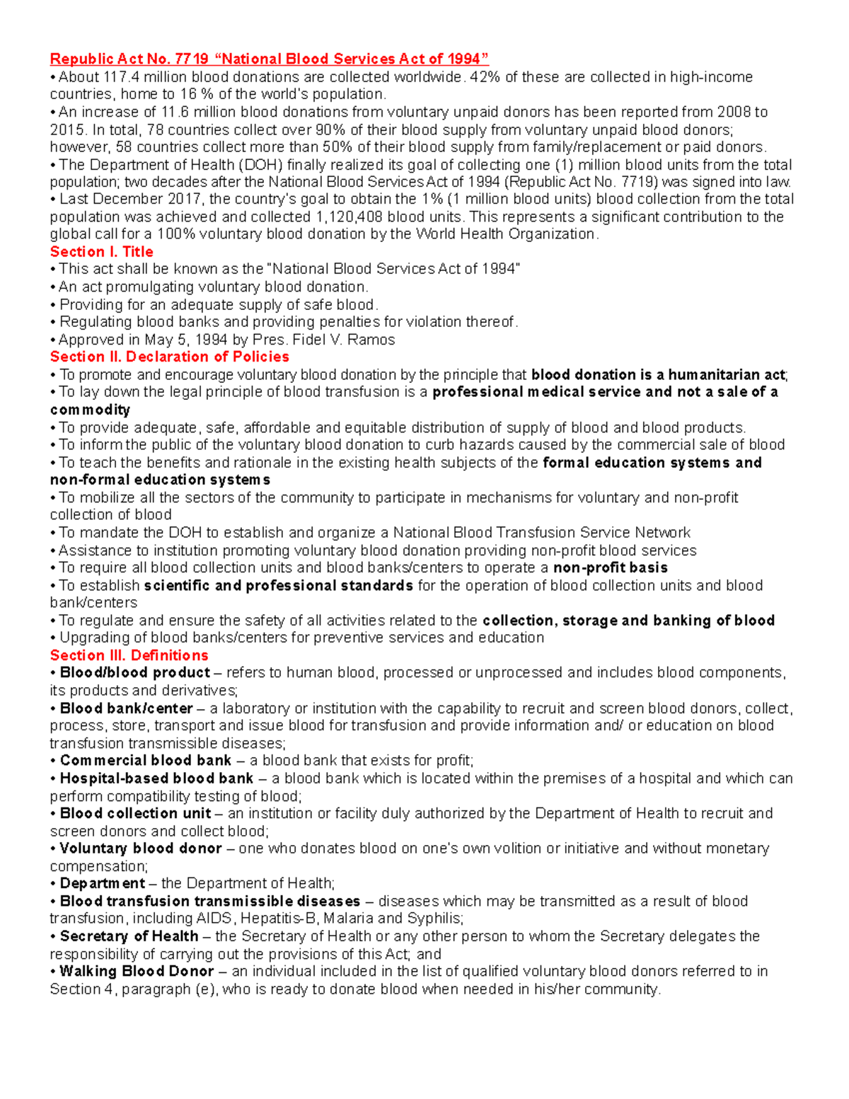 Blood Donation - Lecture notes 1 - Republic Act No. 7719 “National ...