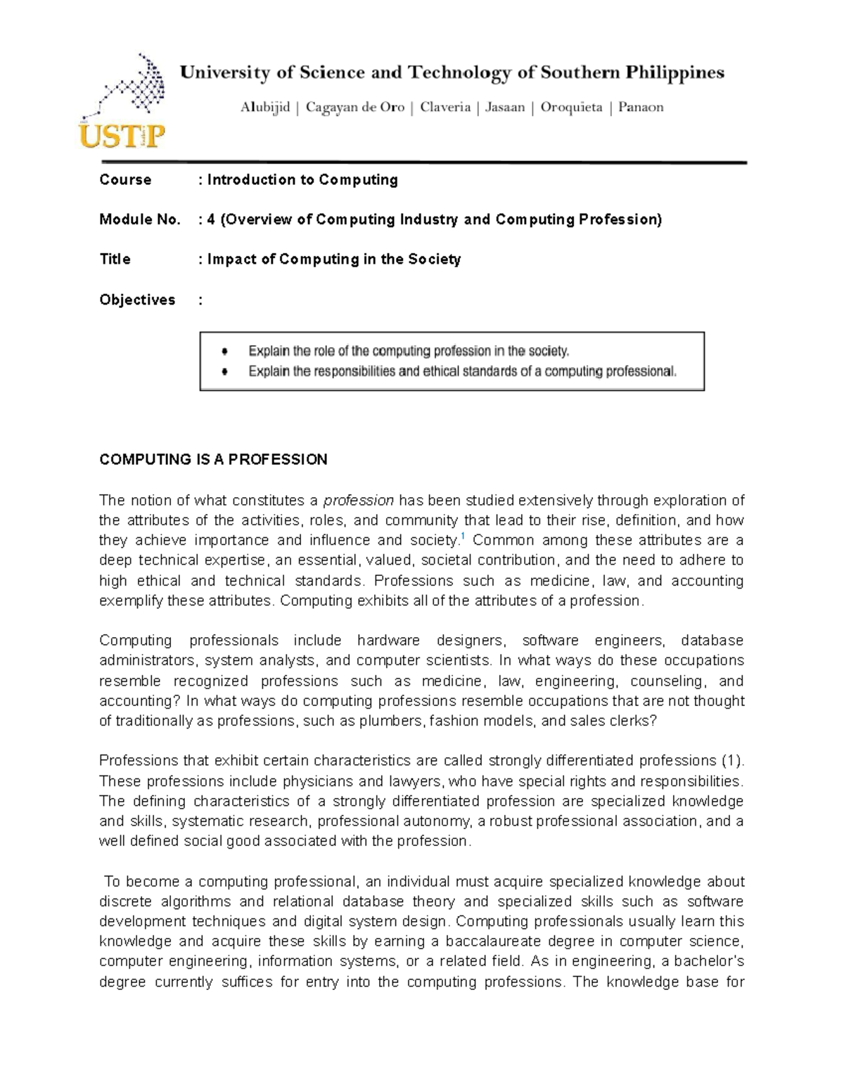 Impact of Computing in the Society - Course : Introduction to Computing ...