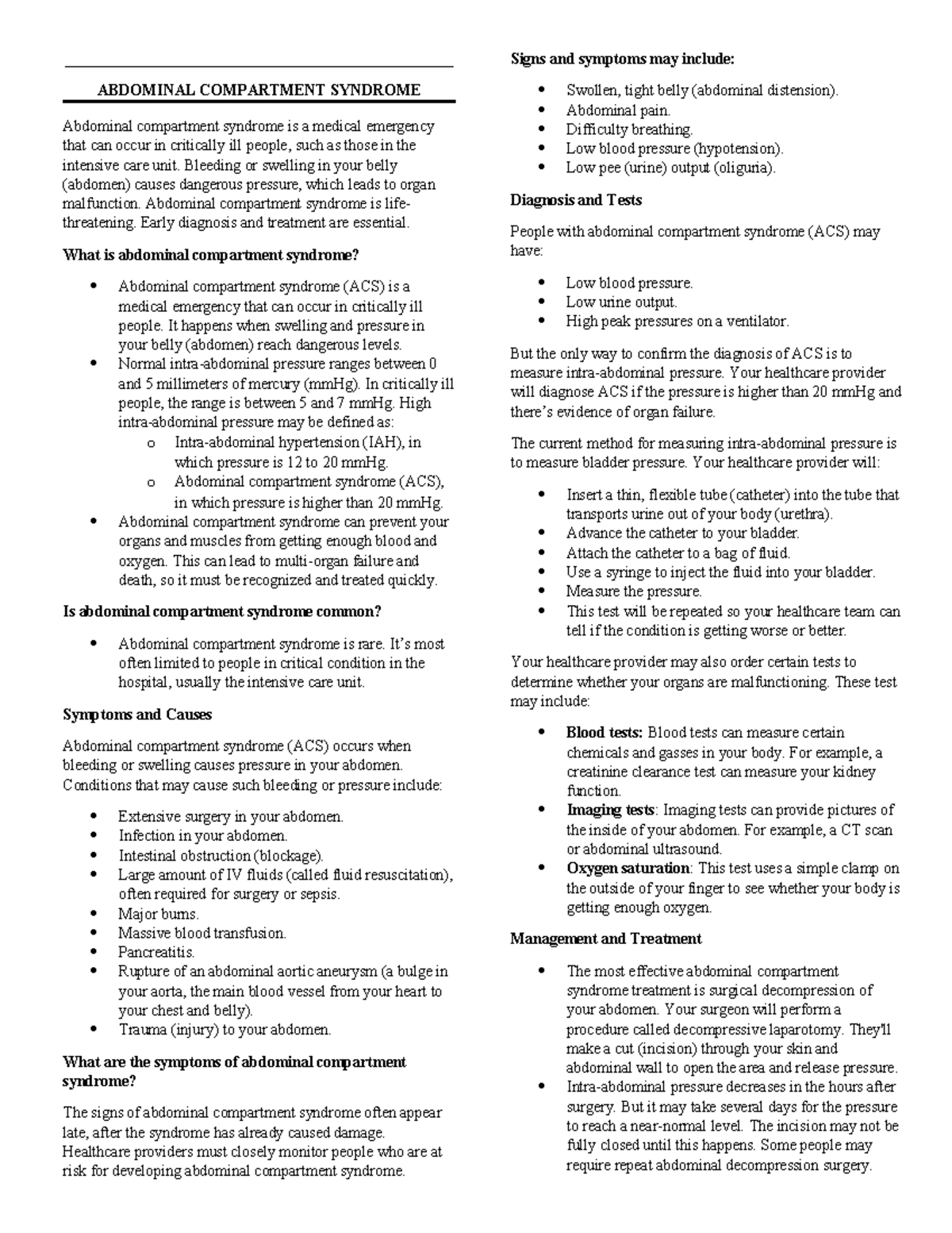 Abdominal Compartment Syndrome bariatric surgery gi bleeding - - Studocu