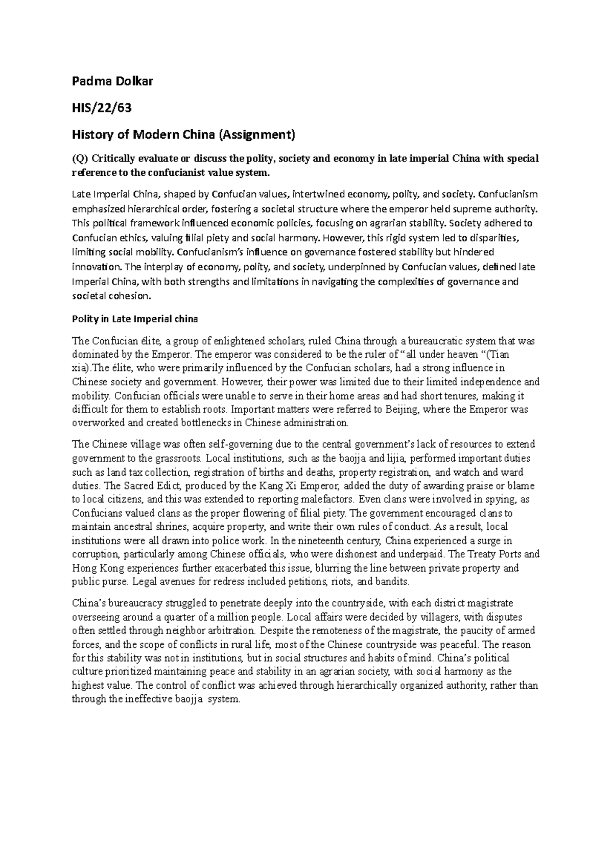 Assignment of History of Modern china - Padma Dolkar HIS/22/ History of ...