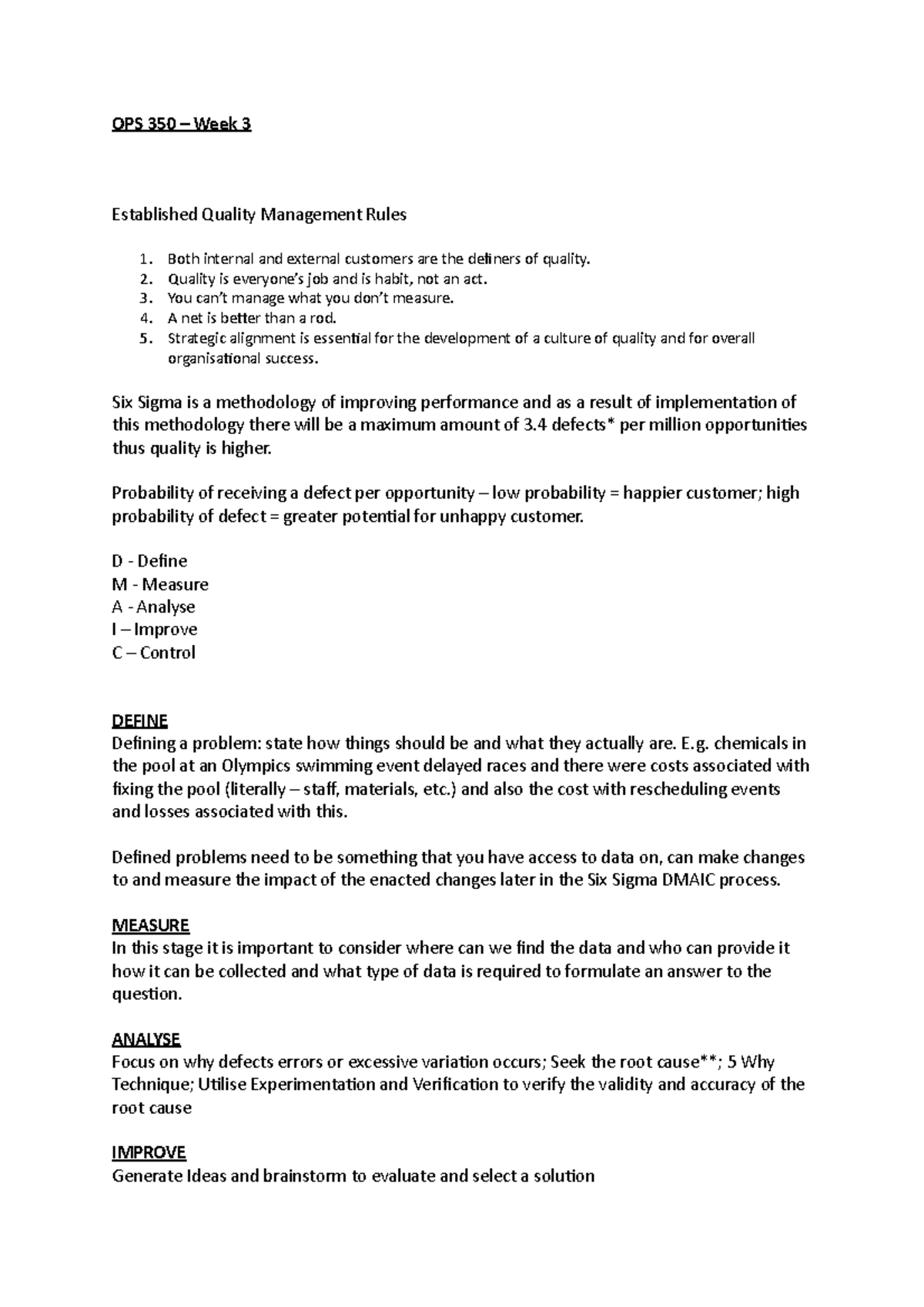 OPS 350 - OPS 350 Quality Management - OPS 350 – Week 3 Established ...