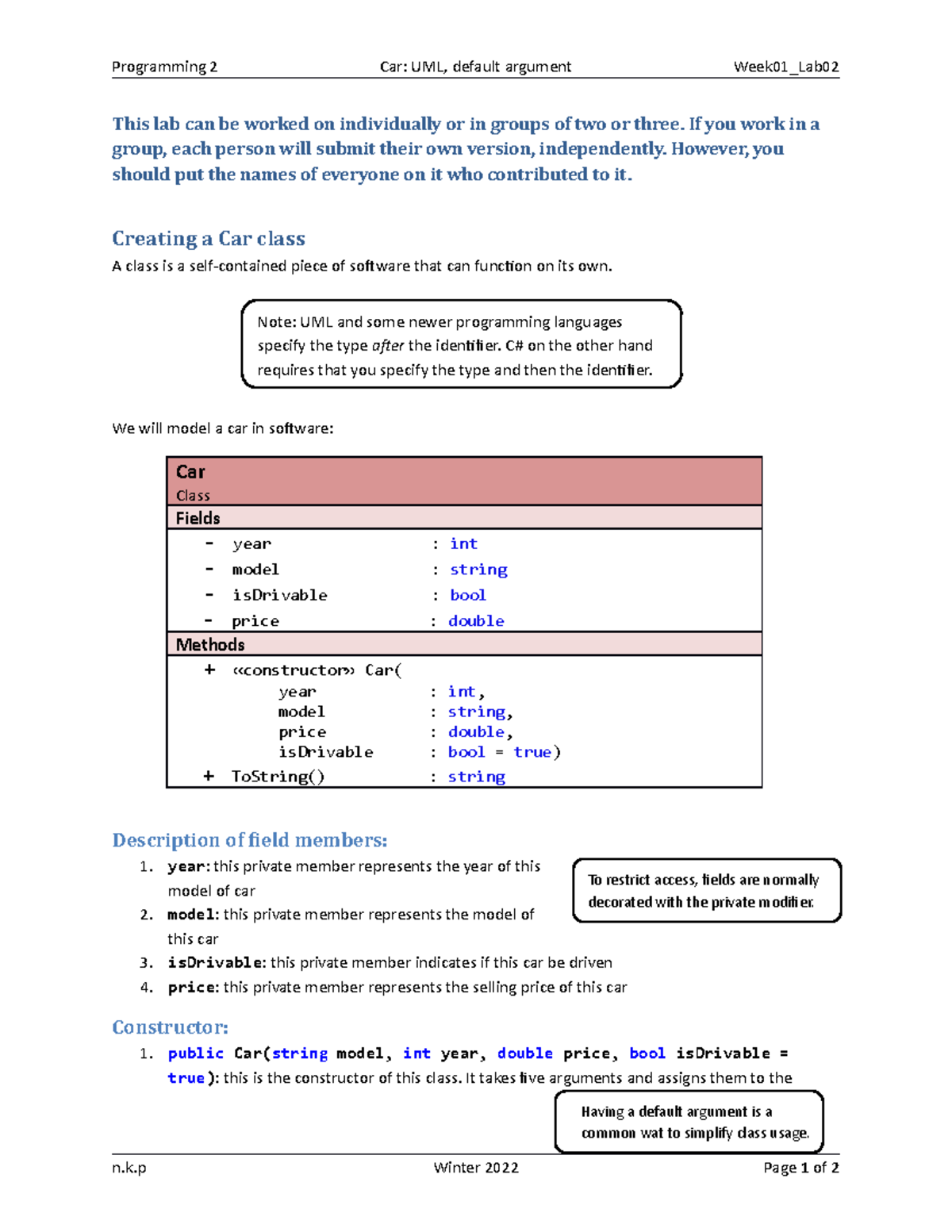 Lab 02 Cars - assignment-2 - Programming 2 Car: UML, default argument Week01_Lab This lab can be ...