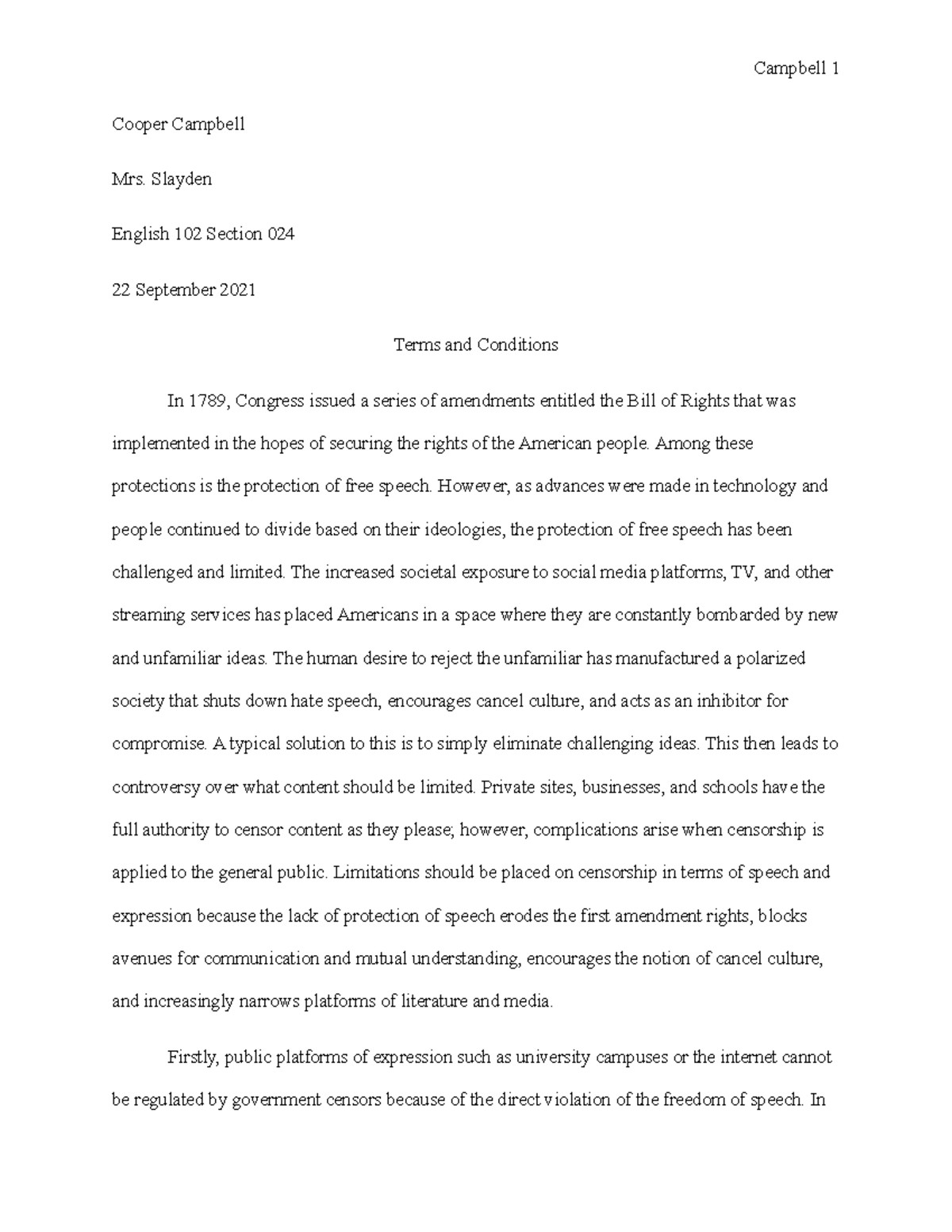 argumentative Paper #1 rough draft - Cooper Campbell Mrs. Slayden ...