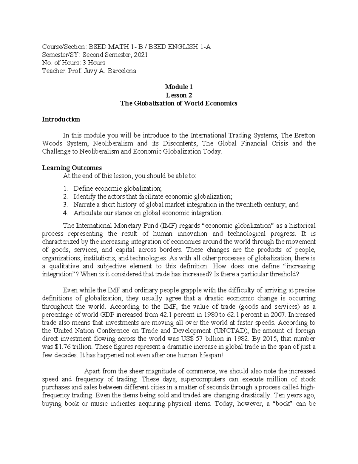 Globalization BSED - learning materials - Course/Section: BSED MATH 1- B / BSED ENGLISH 1-A ...