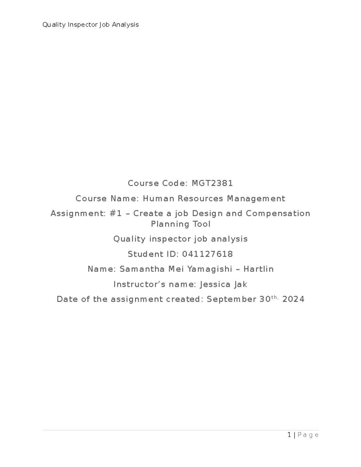 Assignment #1 - Course Code: MGT Course Name: Human Resources ...