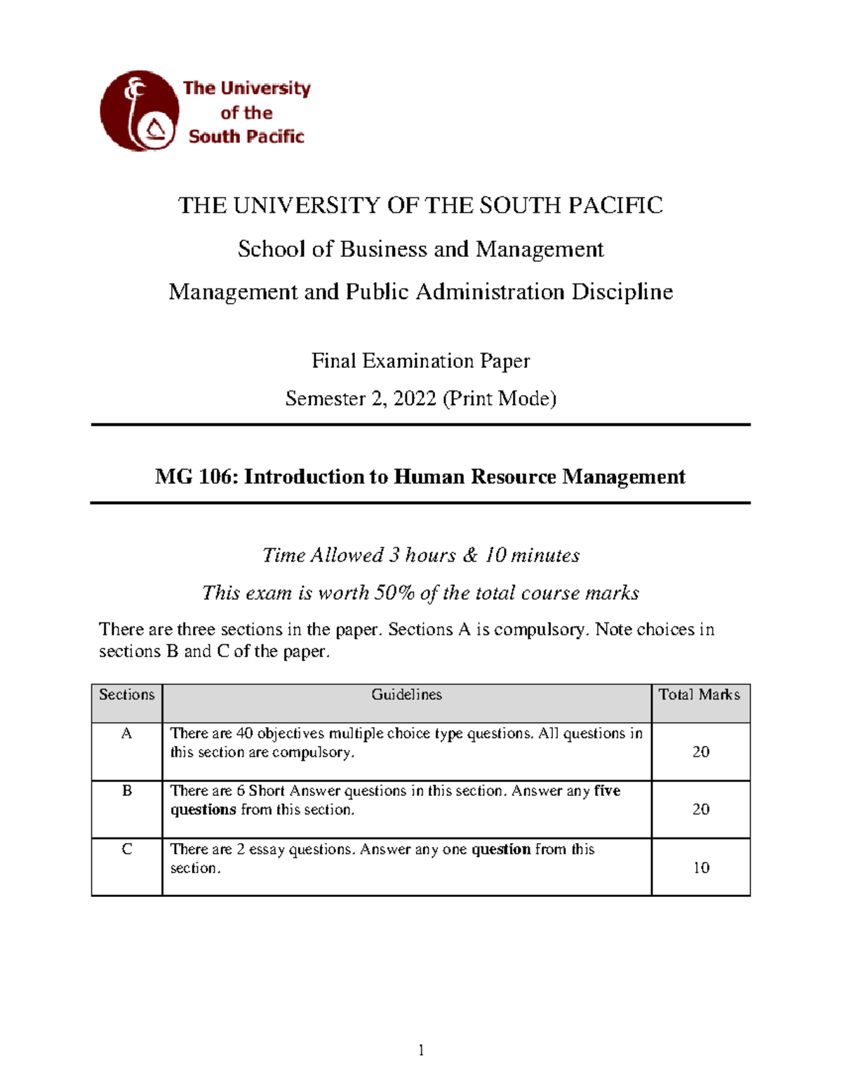 Final Examination Format - 1 THE UNIVERSITY OF THE SOUTH PACIFIC School ...