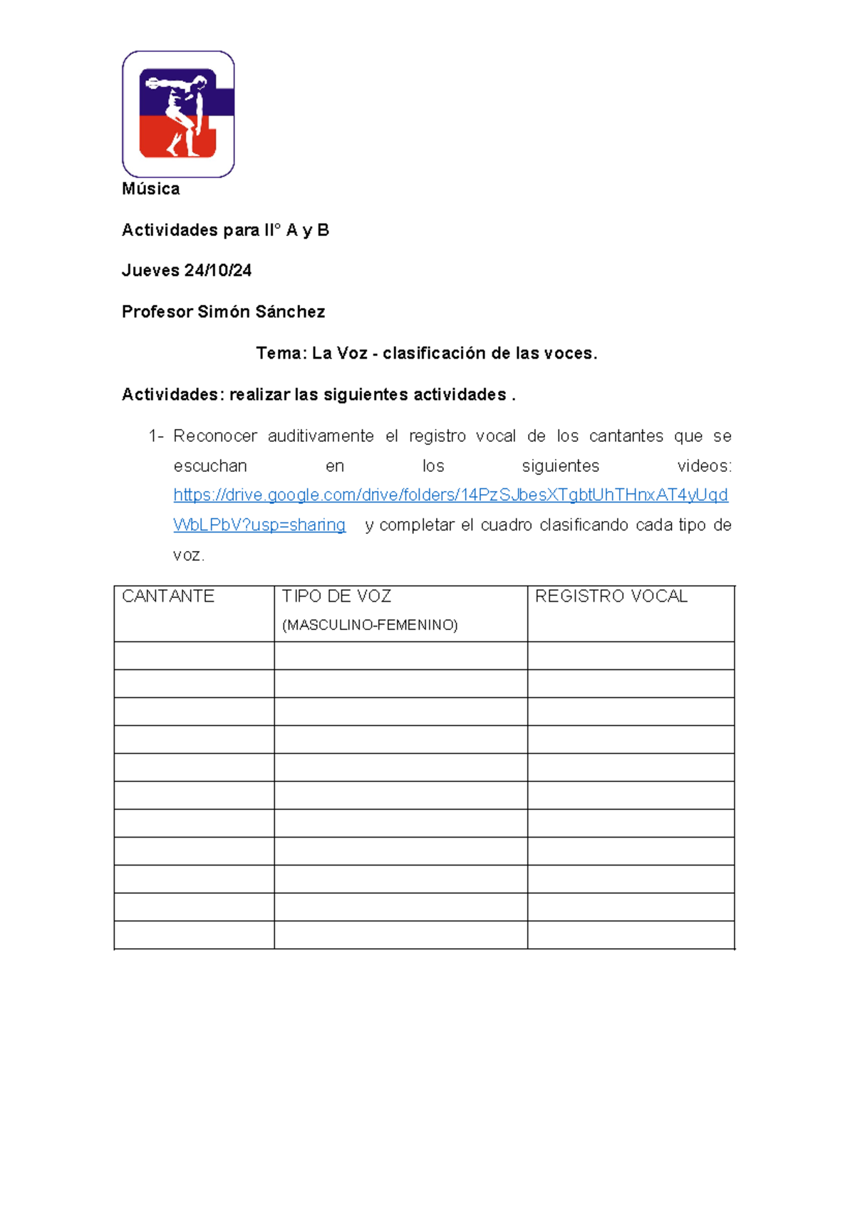 Tarea voces - Música Actividades para II° A y B Jueves 24/10/ Profesor ...