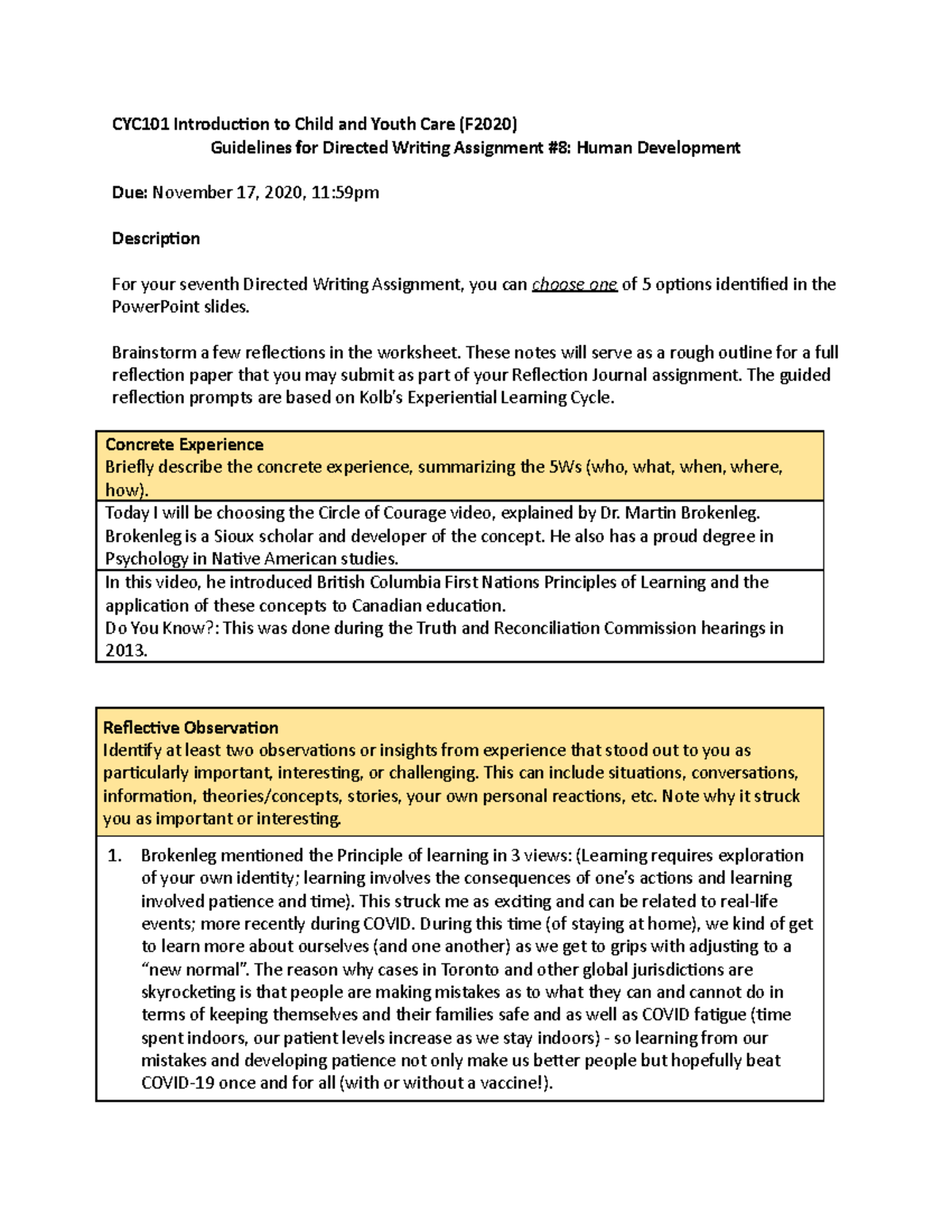 CYC101 F2020 Directed Writing #8 Guidelines - CYC101 Introduction to ...