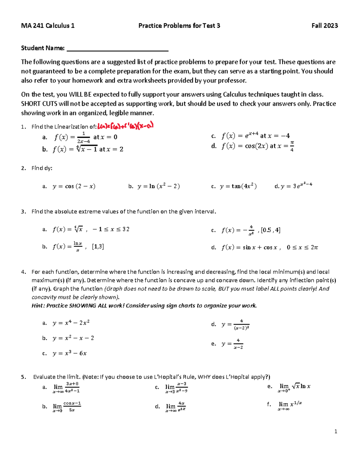 MA 241 Fall 2023 Test 3 Practice Problems with Answer Key - Student ...