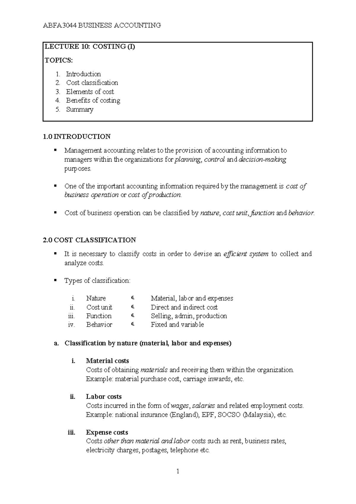 Chapter 10-Costing (I) - 1 INTRODUCTION Management accounting relates ...