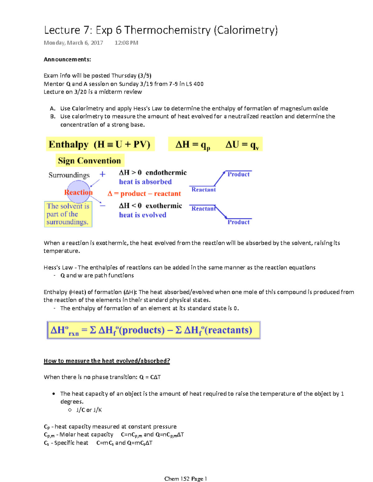 Lecture 7 Exp 6 Thermochemistry (Calorimetry) - Lecture 7: Exp 6 ...