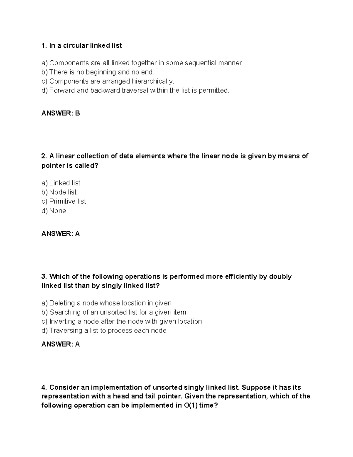 Unit 1 mcq - 1. In a circular linked list a) Components are all linked ...